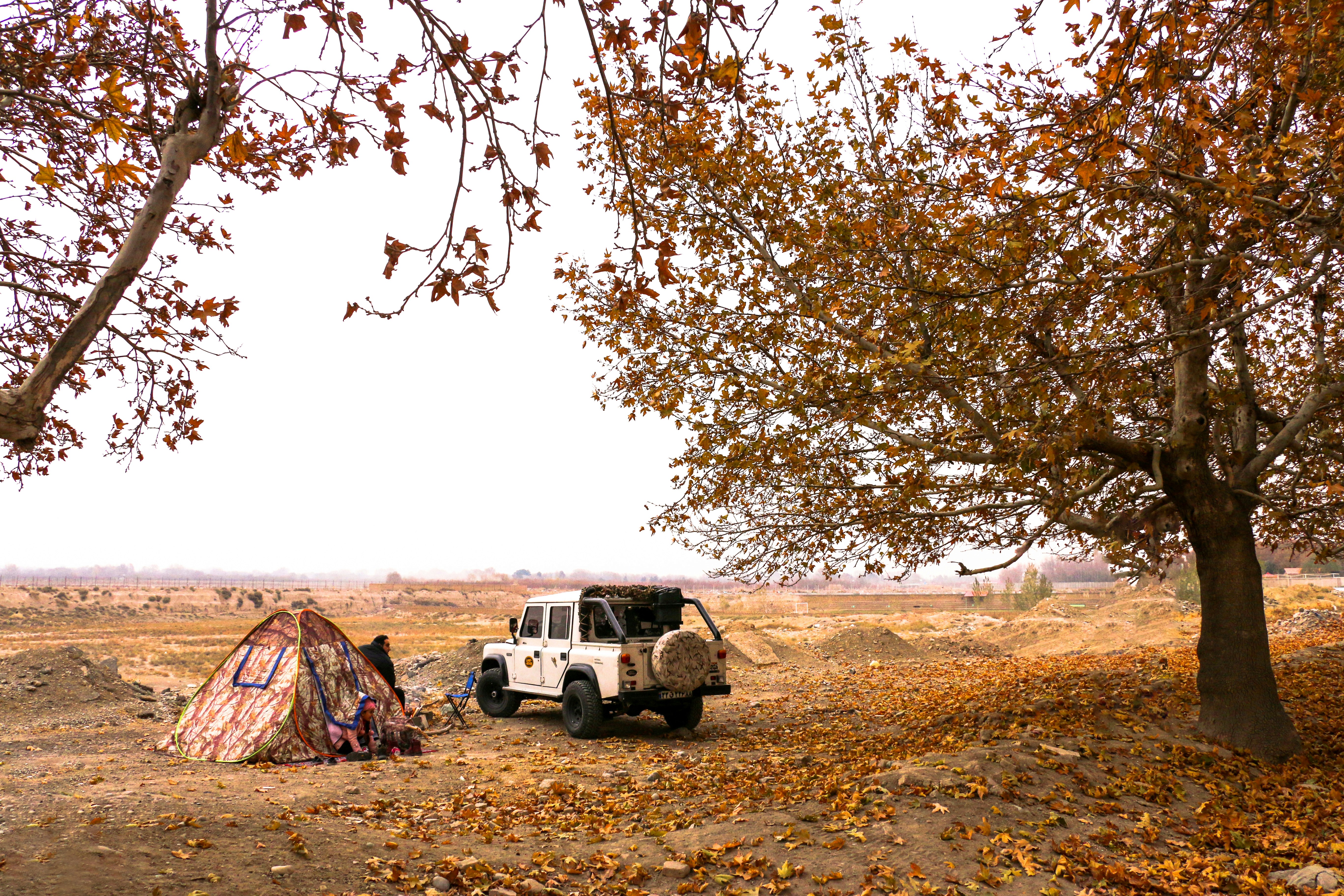 a truck parked next to a tent under a tree