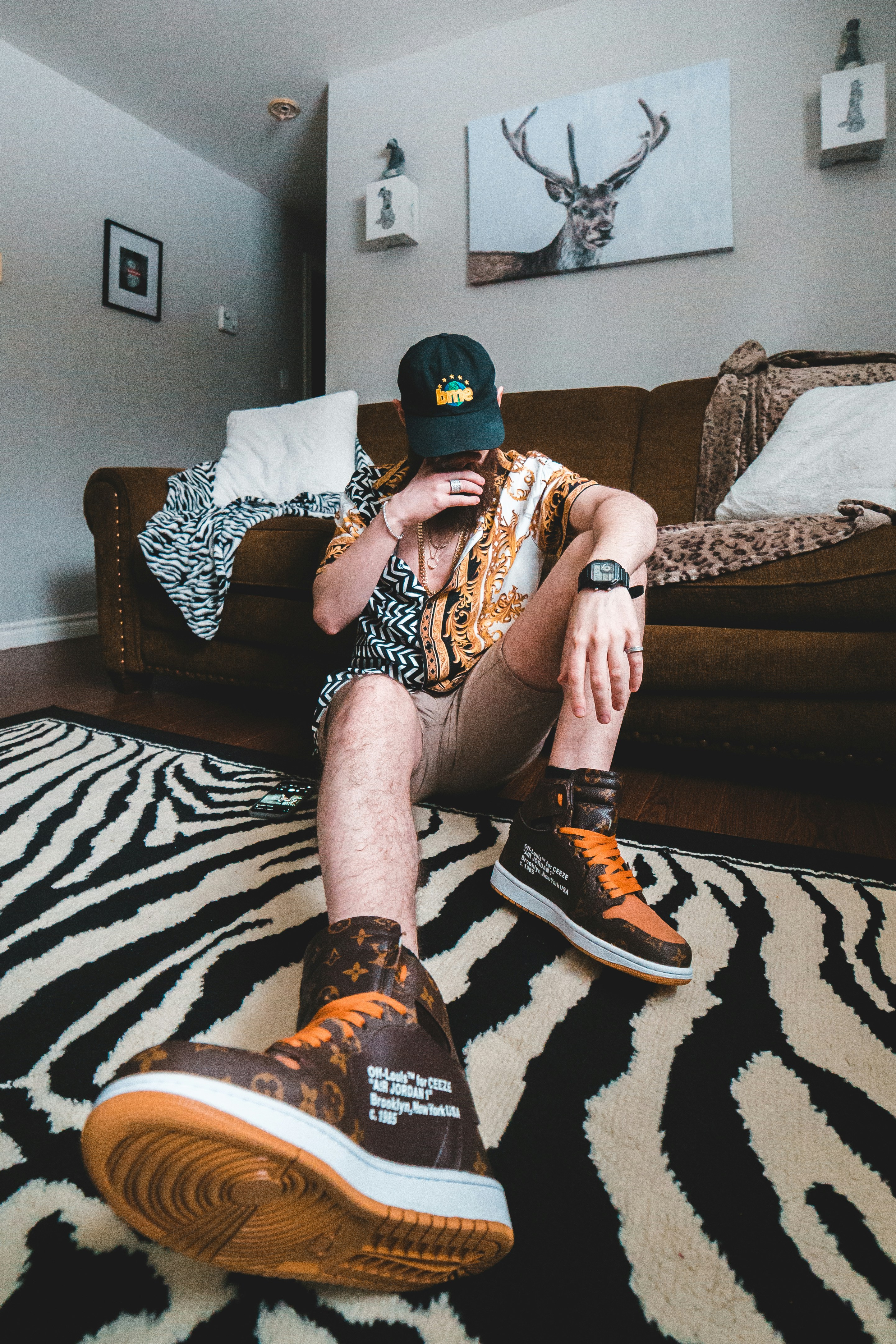 Low-Angle Portrait on a Zebra Rug: A Casual Indoor Moment