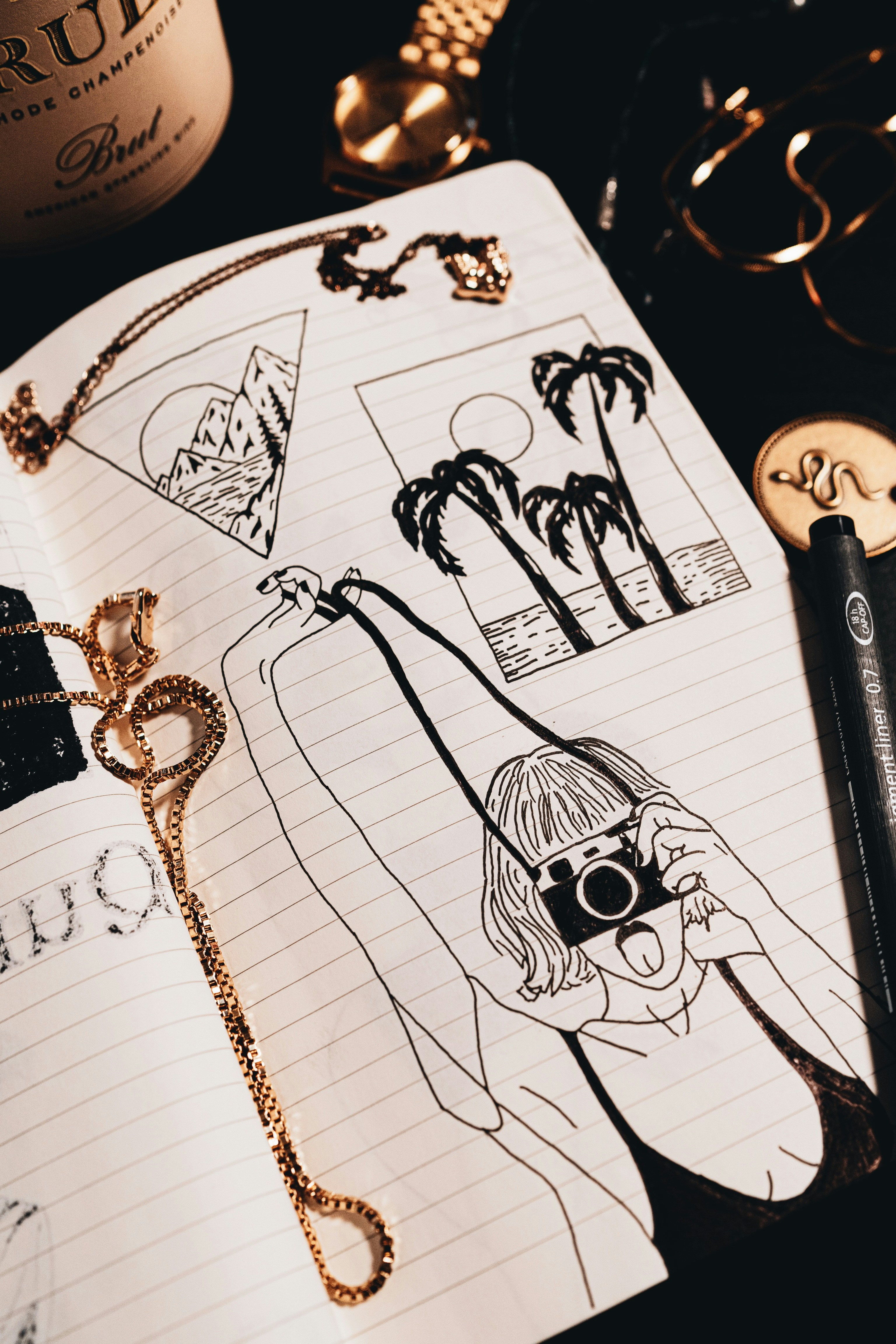 Sketch and Sparkle: A doodler’s still life with camera, chains, and palm silhouettes