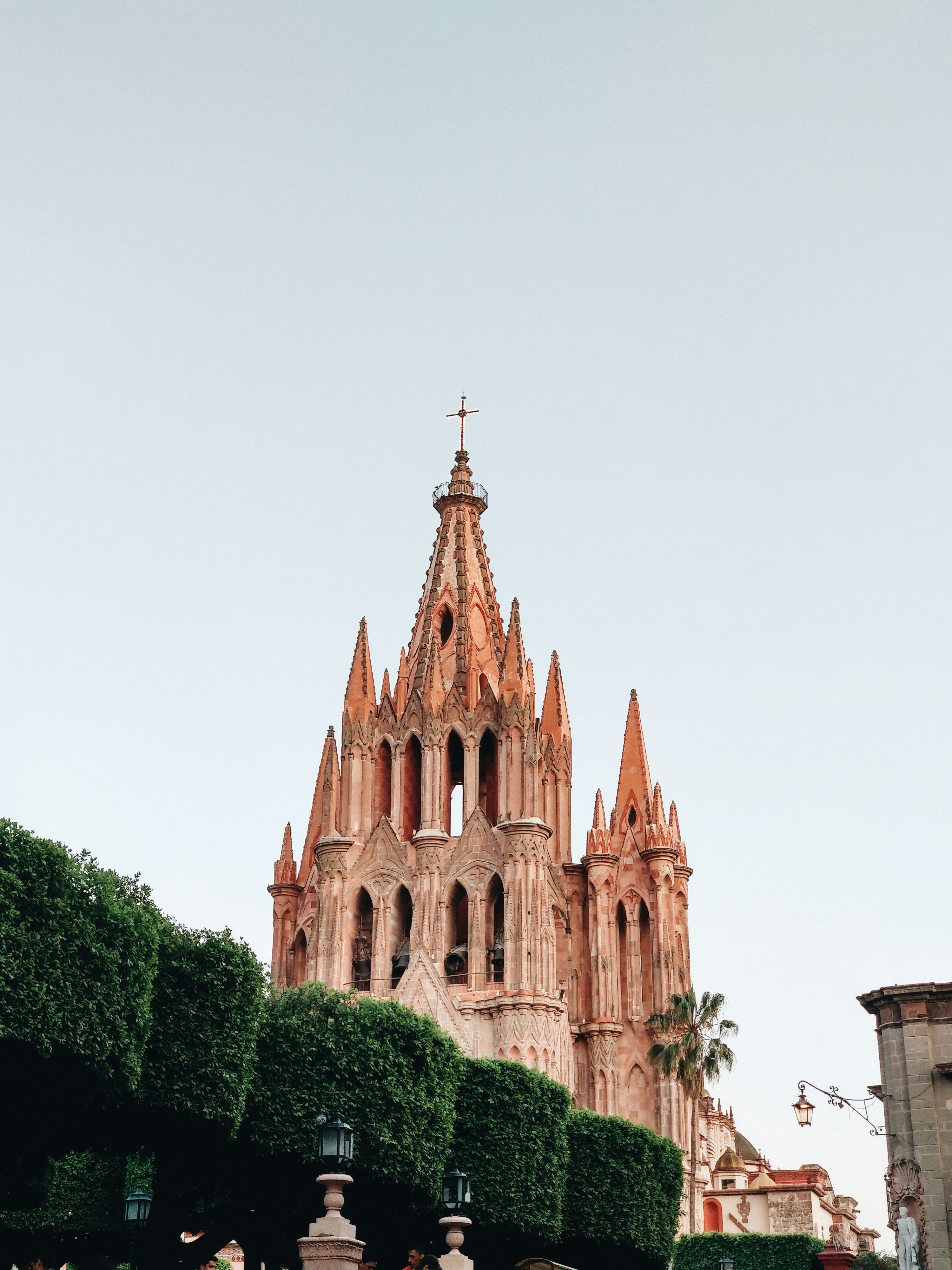 Intricate gothic architecture of a church rises against a pastel sky, framed by lush greenery and street lamps.