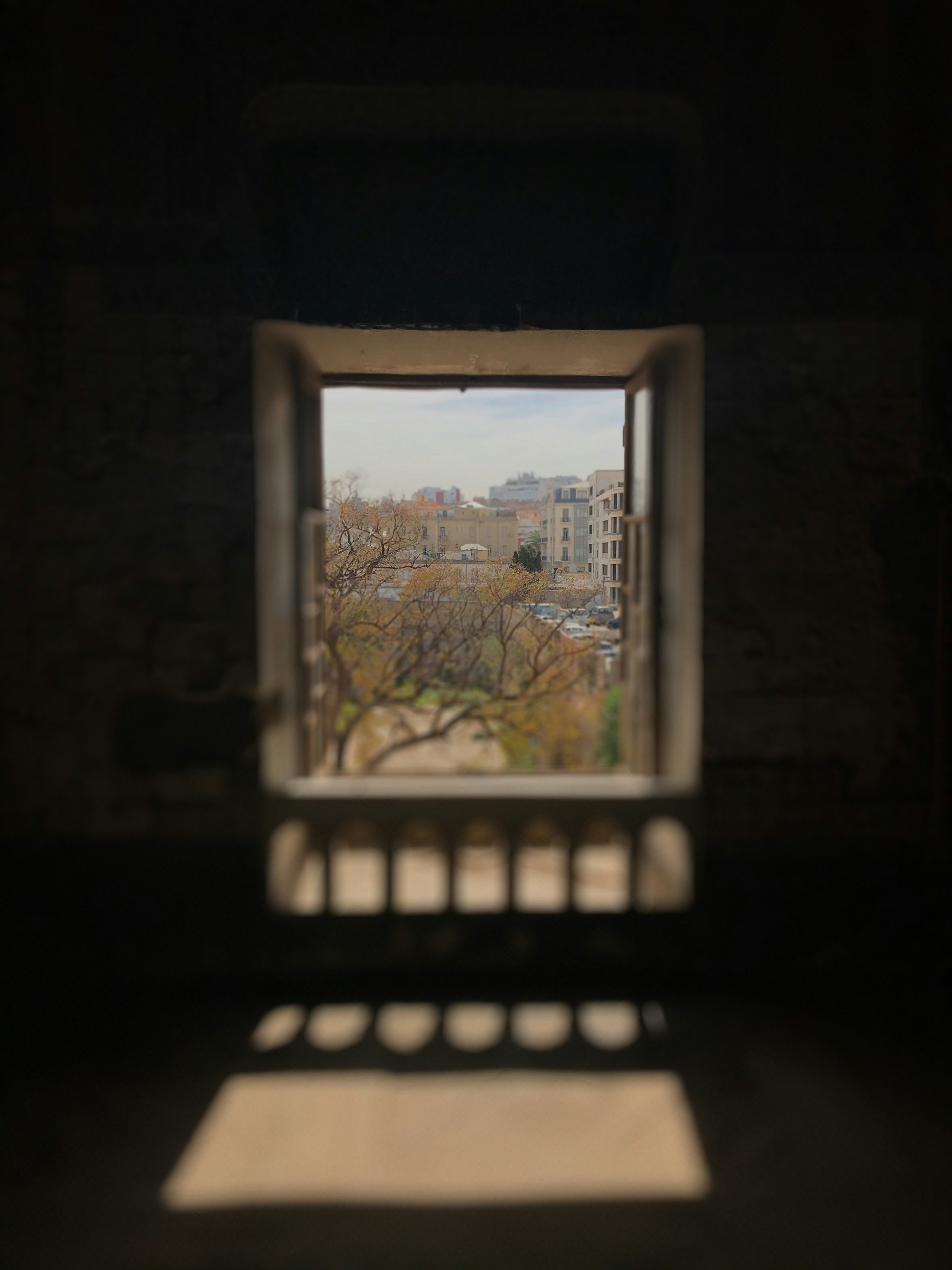 View through a rustic window showcasing a cityscape with autumn foliage and distant buildings.