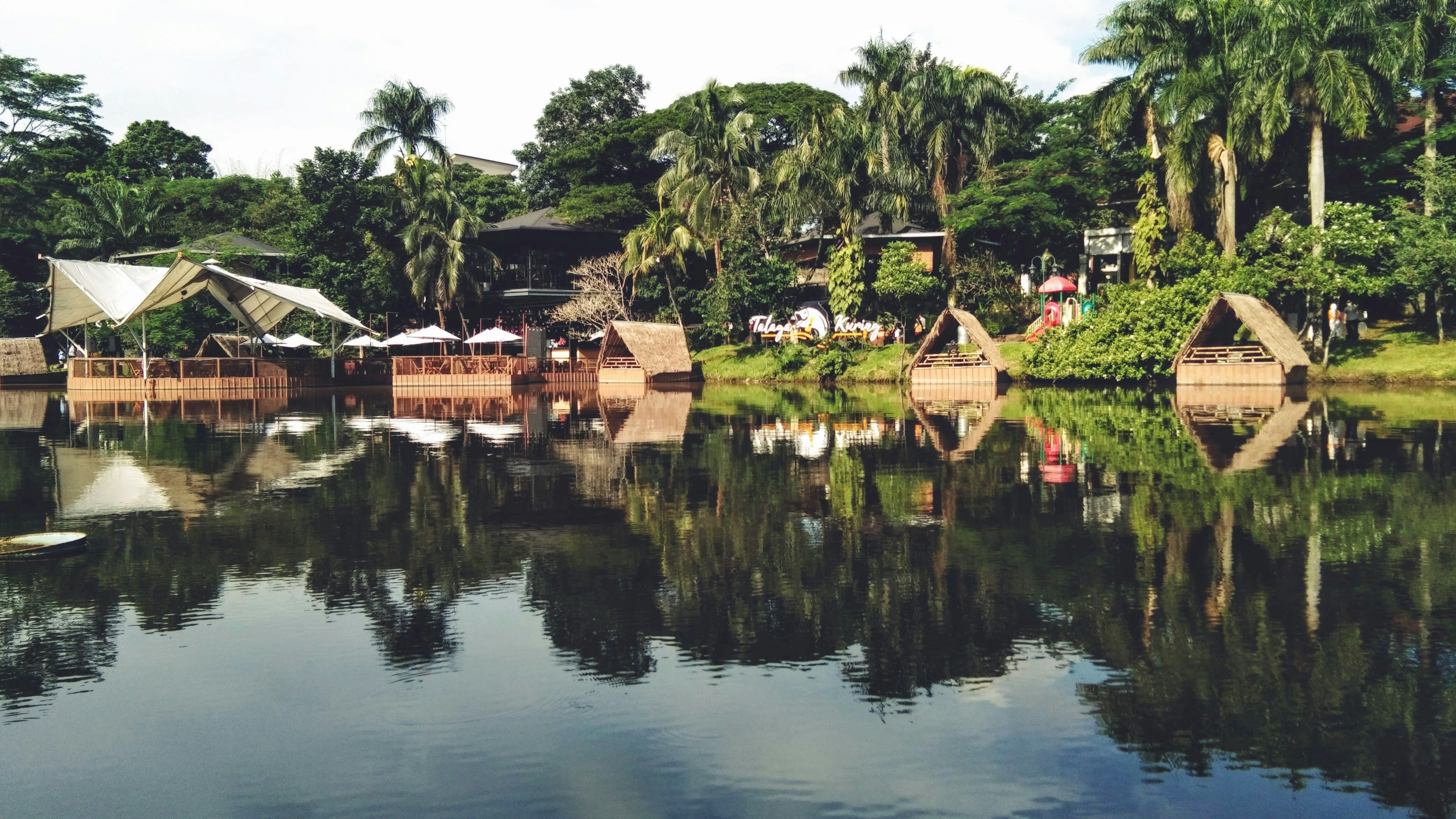 Rustic huts and lush palm trees reflected in a tranquil river under a cloudy sky.