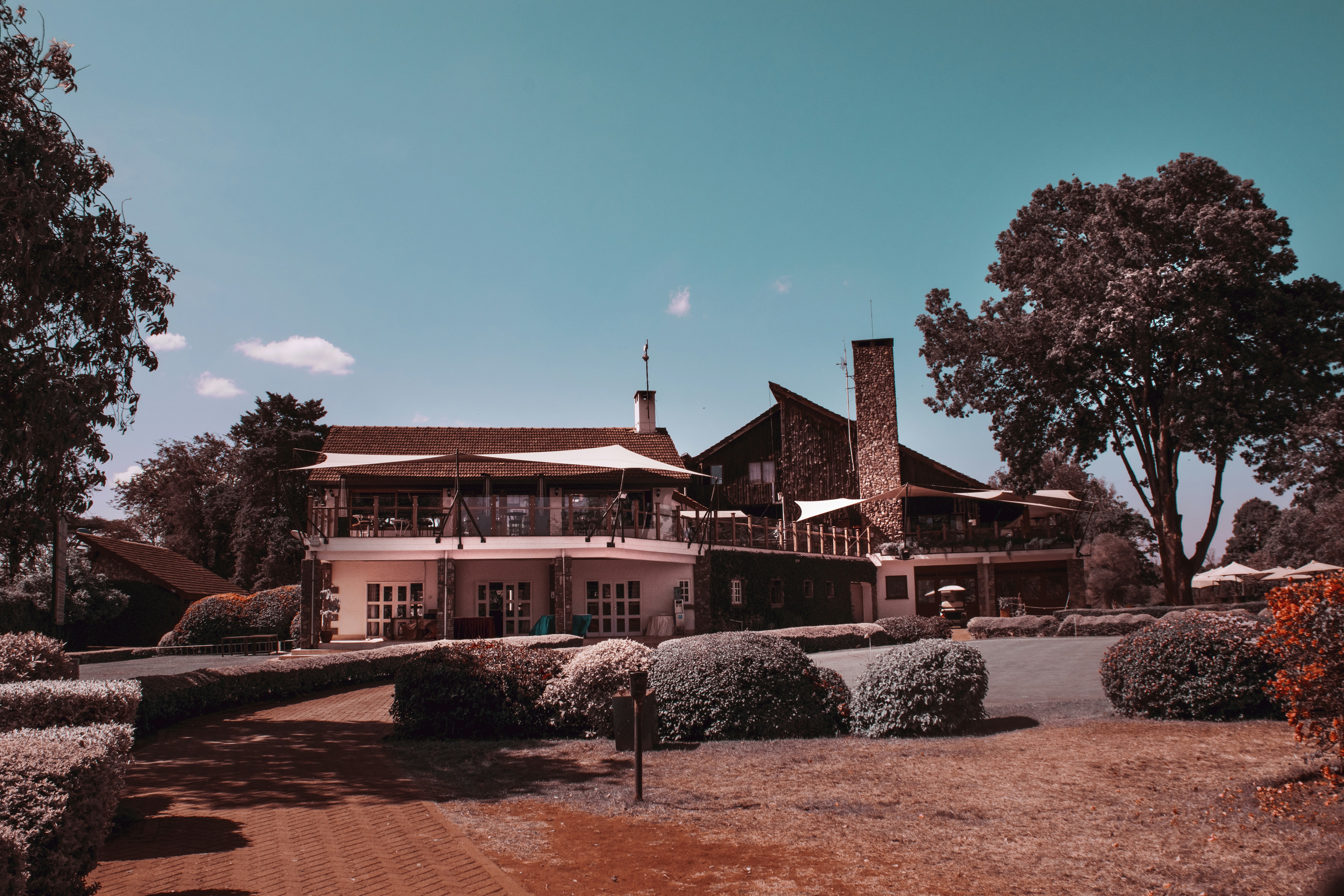 Crimson Lawn, Teal Sky: An Estate Under an Unconventional Hue