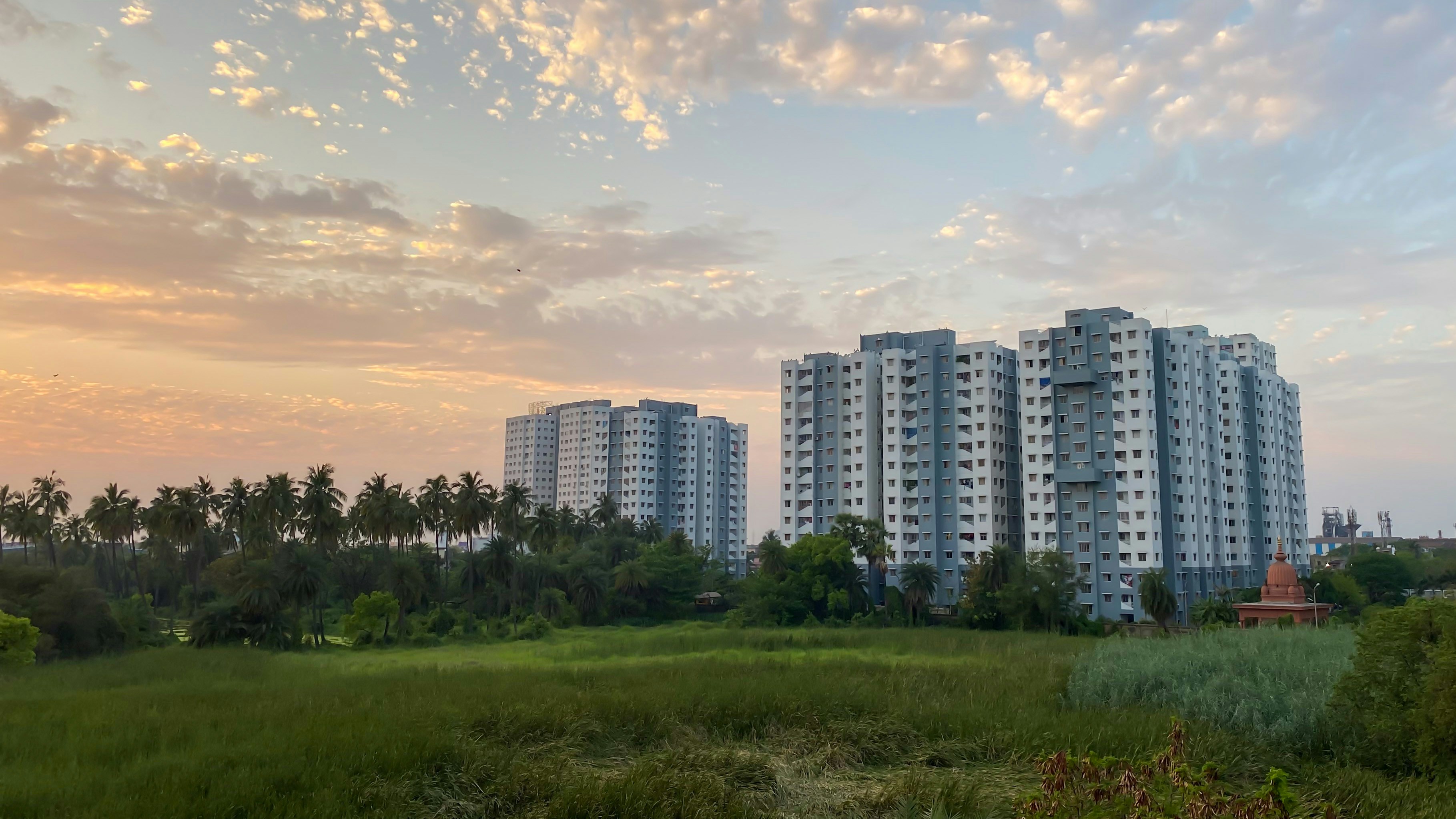 High-rise buildings framed by lush greenery and a pastel sunset sky.