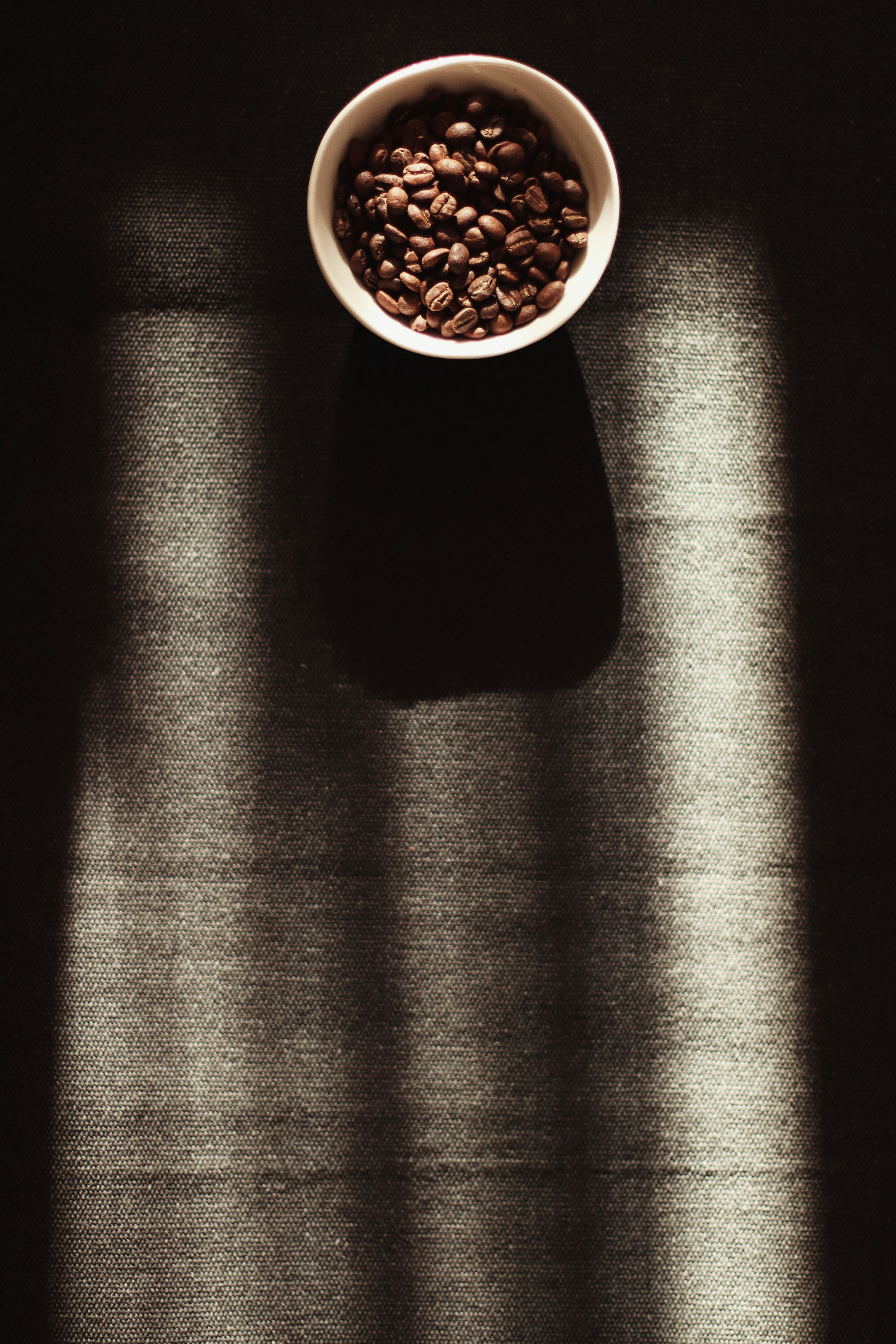 Bowl filled with coffee beans resting on a dark fabric, illuminated by soft light creating a dramatic play of shadows.