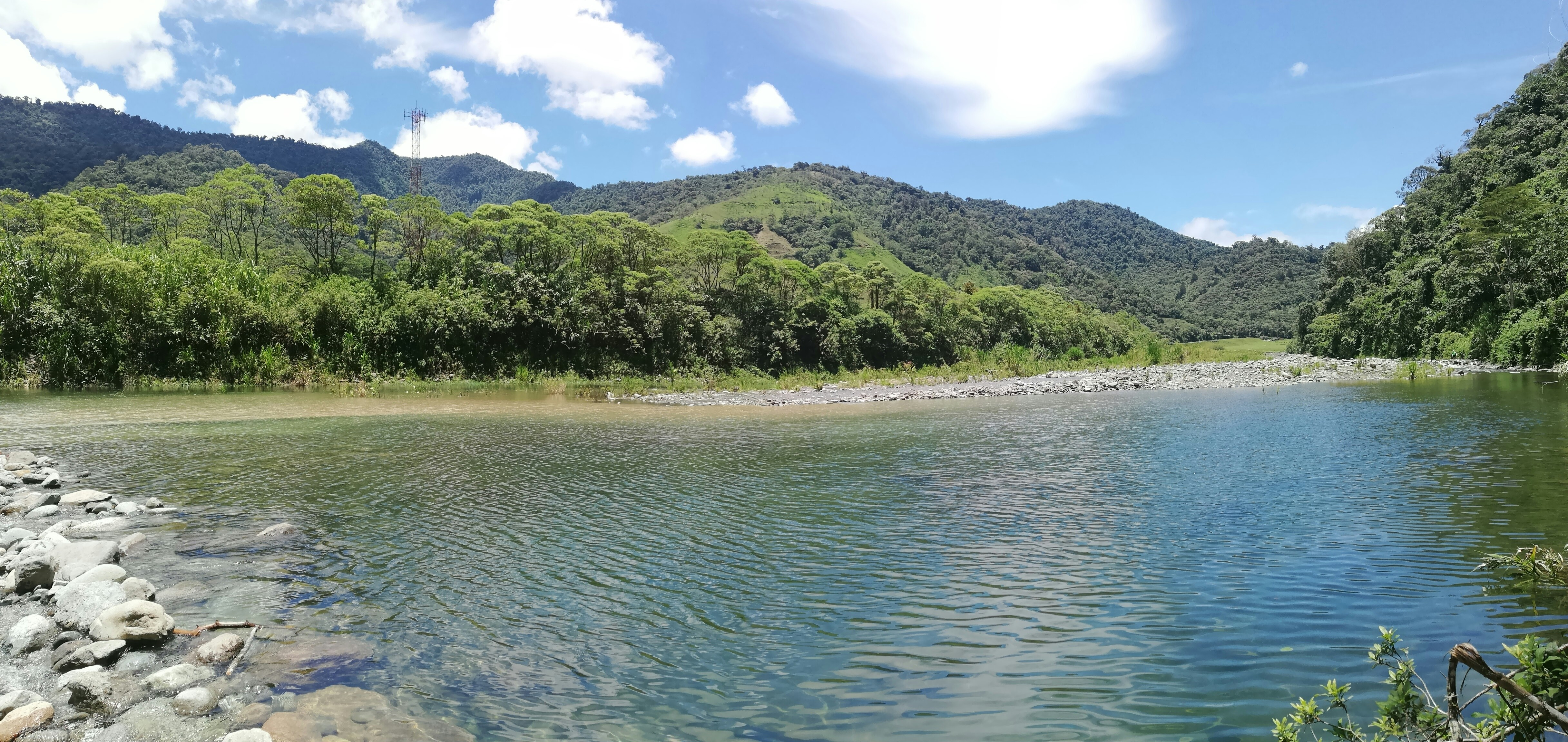 Tranquil river flowing through lush green forest with distant mountains under a bright blue sky.