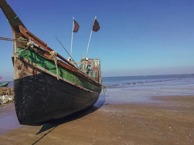Green-Hulled Vessel at the Shoreline's Quiet Edge