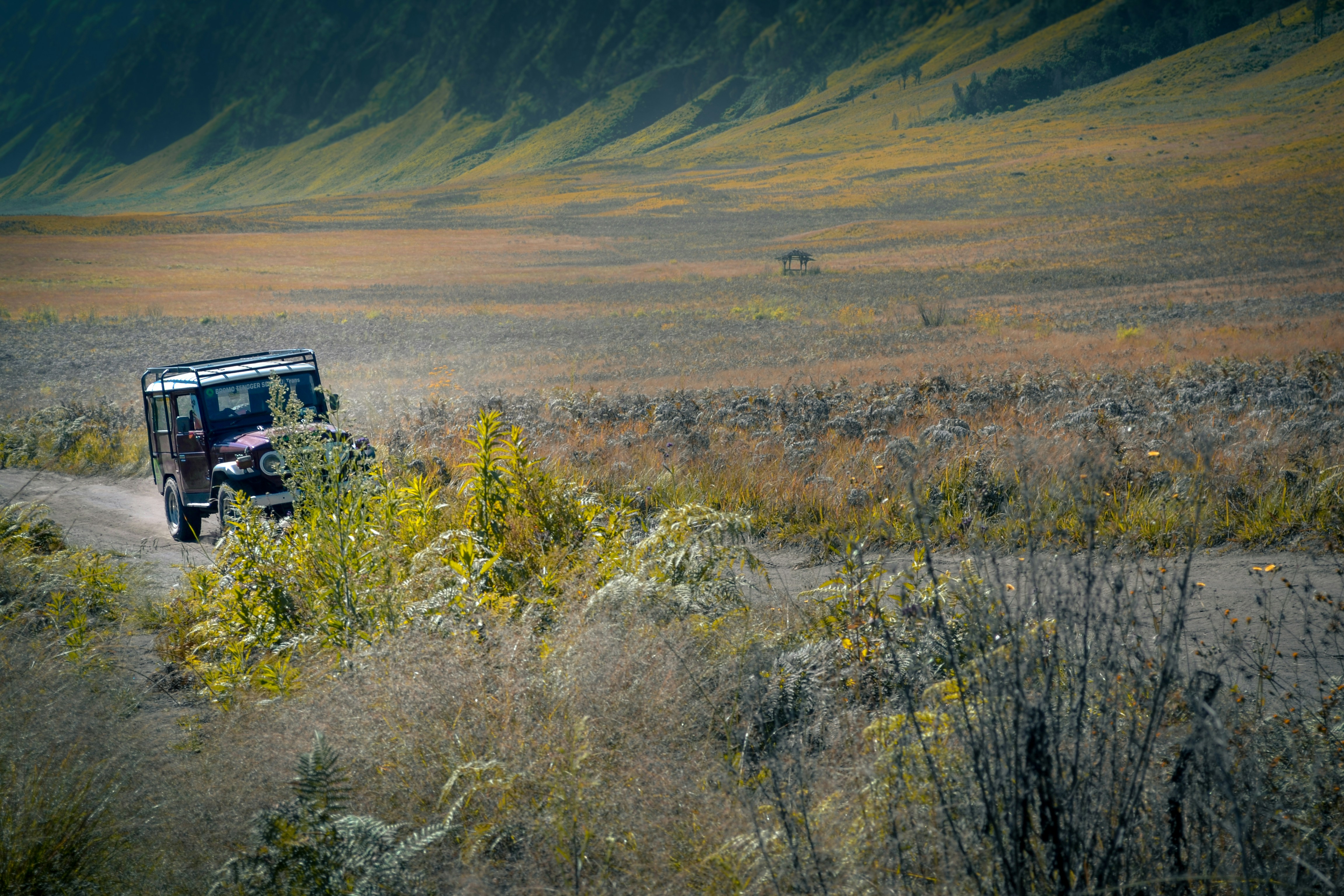 4WD car across savanna Bromo mountain, Indonesia