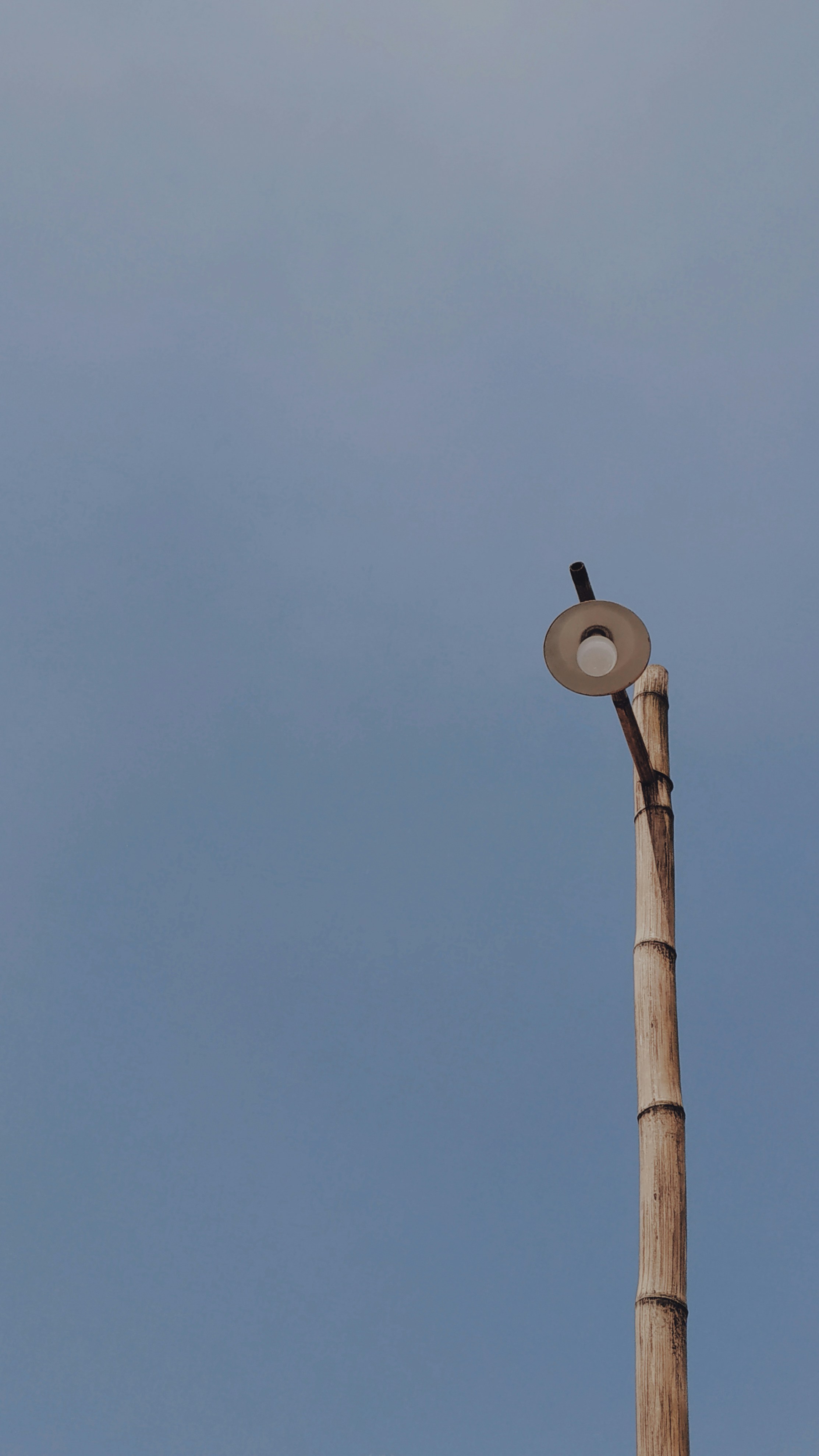 A tall bamboo pole supports a circular light fixture against a clear blue sky.