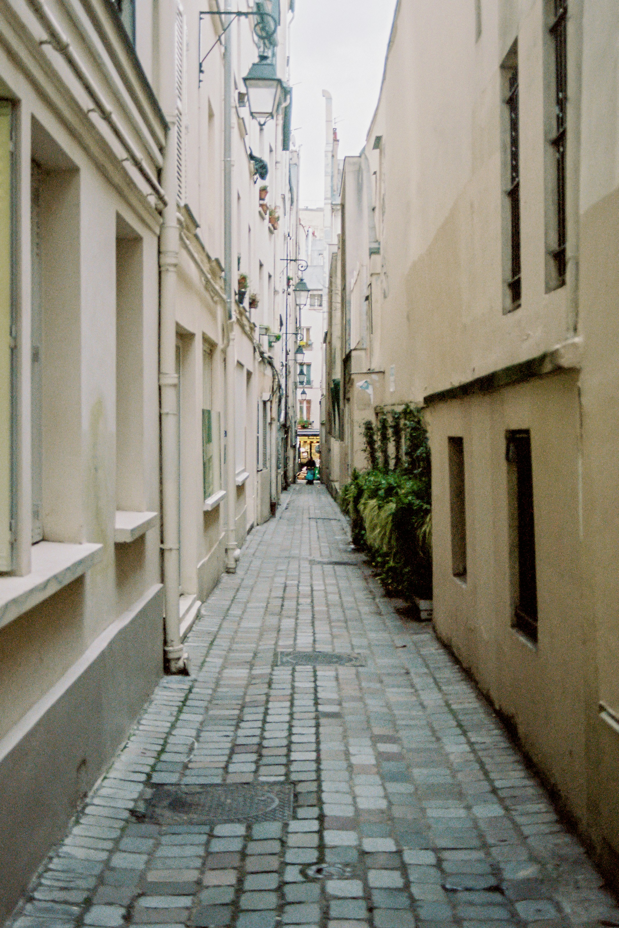 Narrow alleyway lined with beige buildings, featuring cobblestone pavement and hints of greenery along the sides.