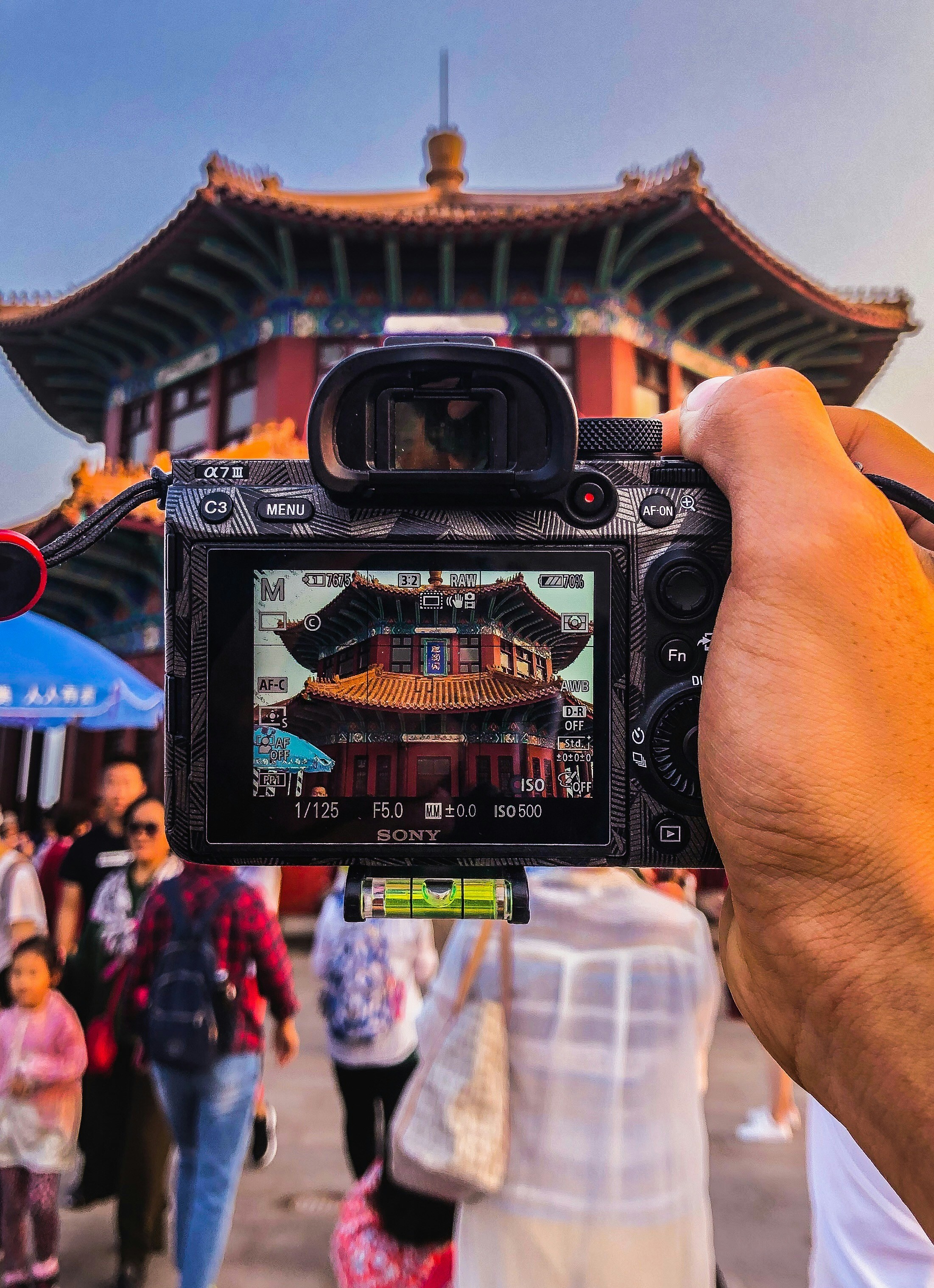 Temple Framed by the Crowd: A Handheld Viewfinder Locks onto a Pagoda