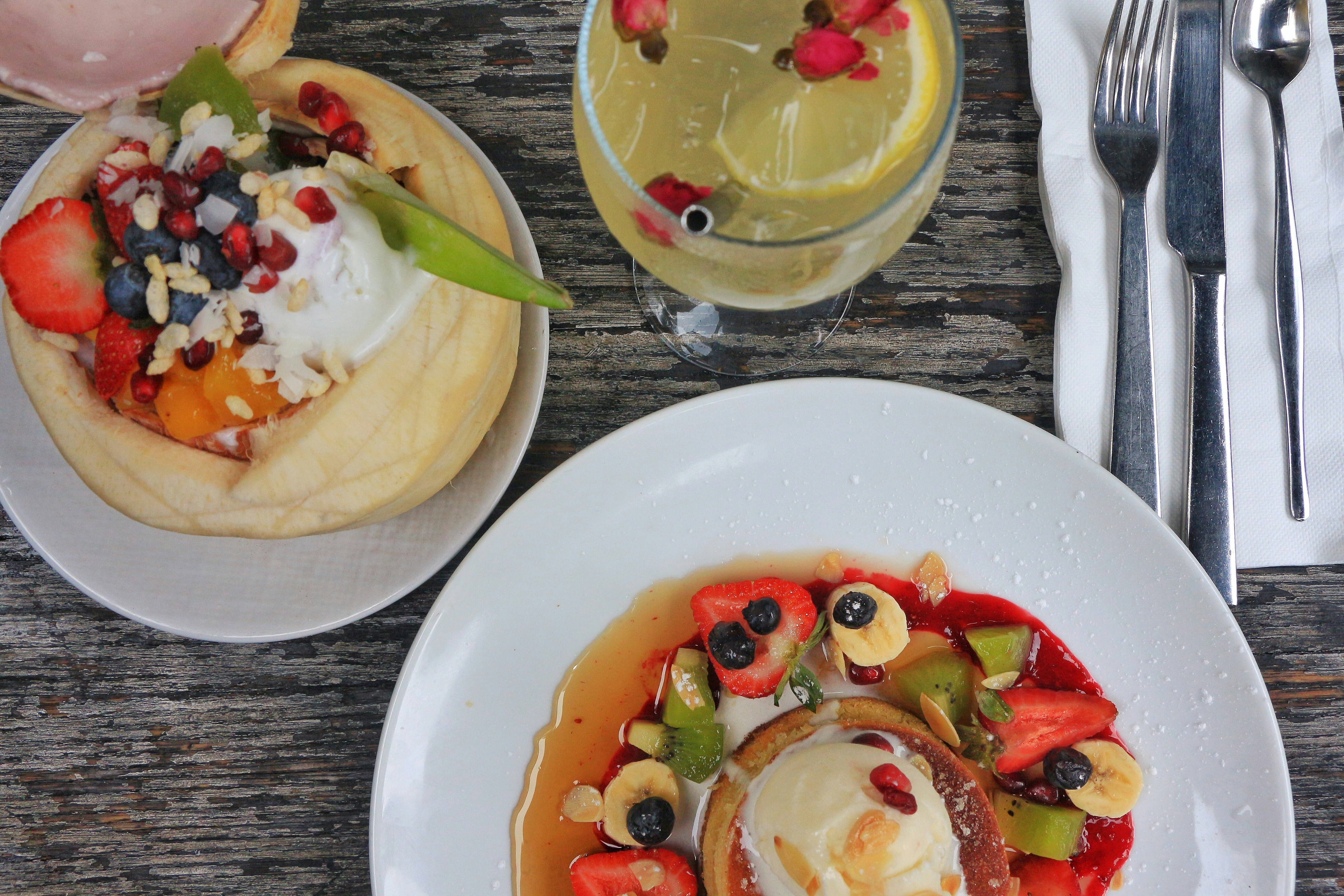 Colorful Brunch Plates on a Rustic Table