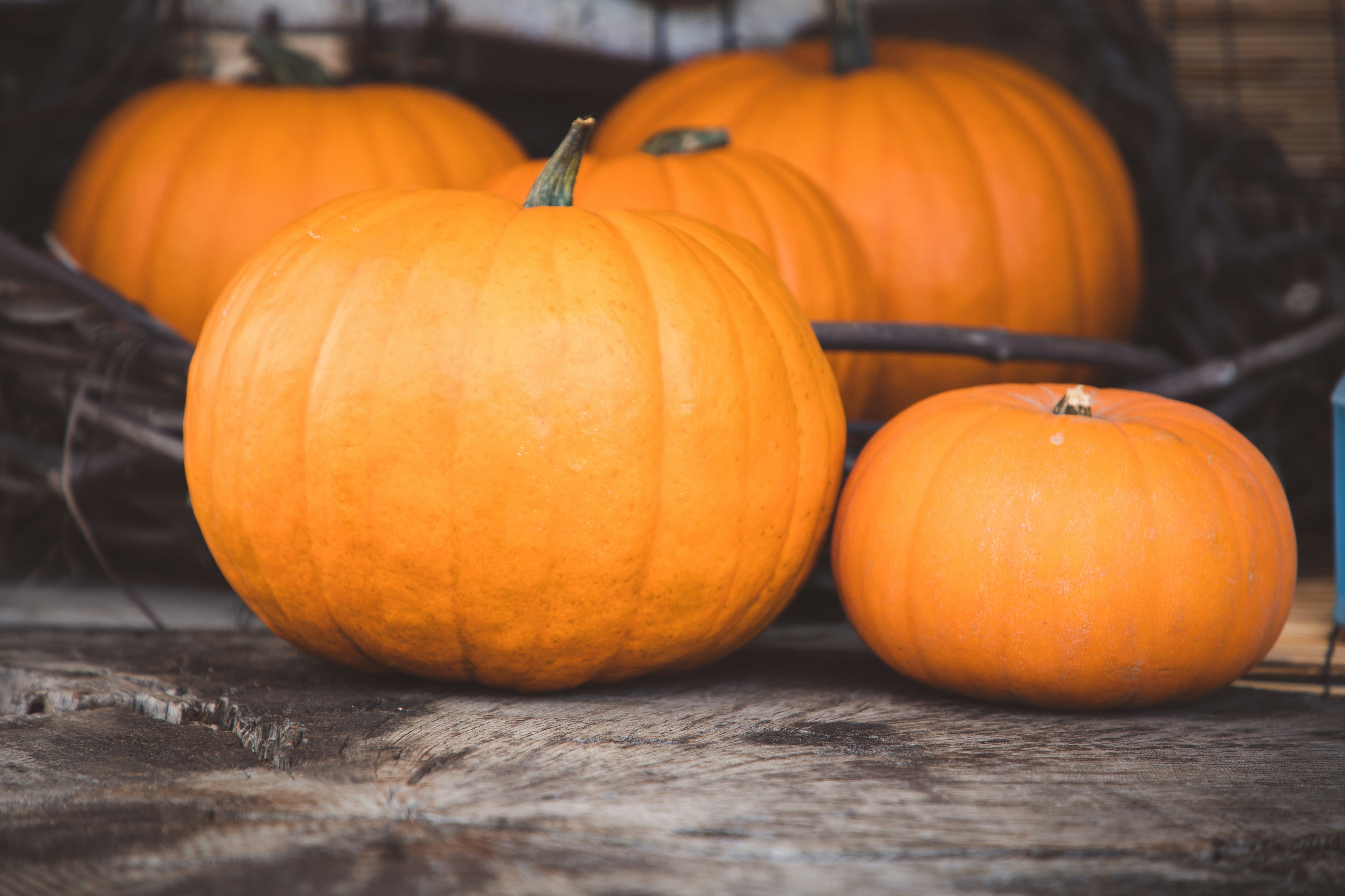 Cluster of vibrant orange pumpkins resting on a rustic wooden surface.