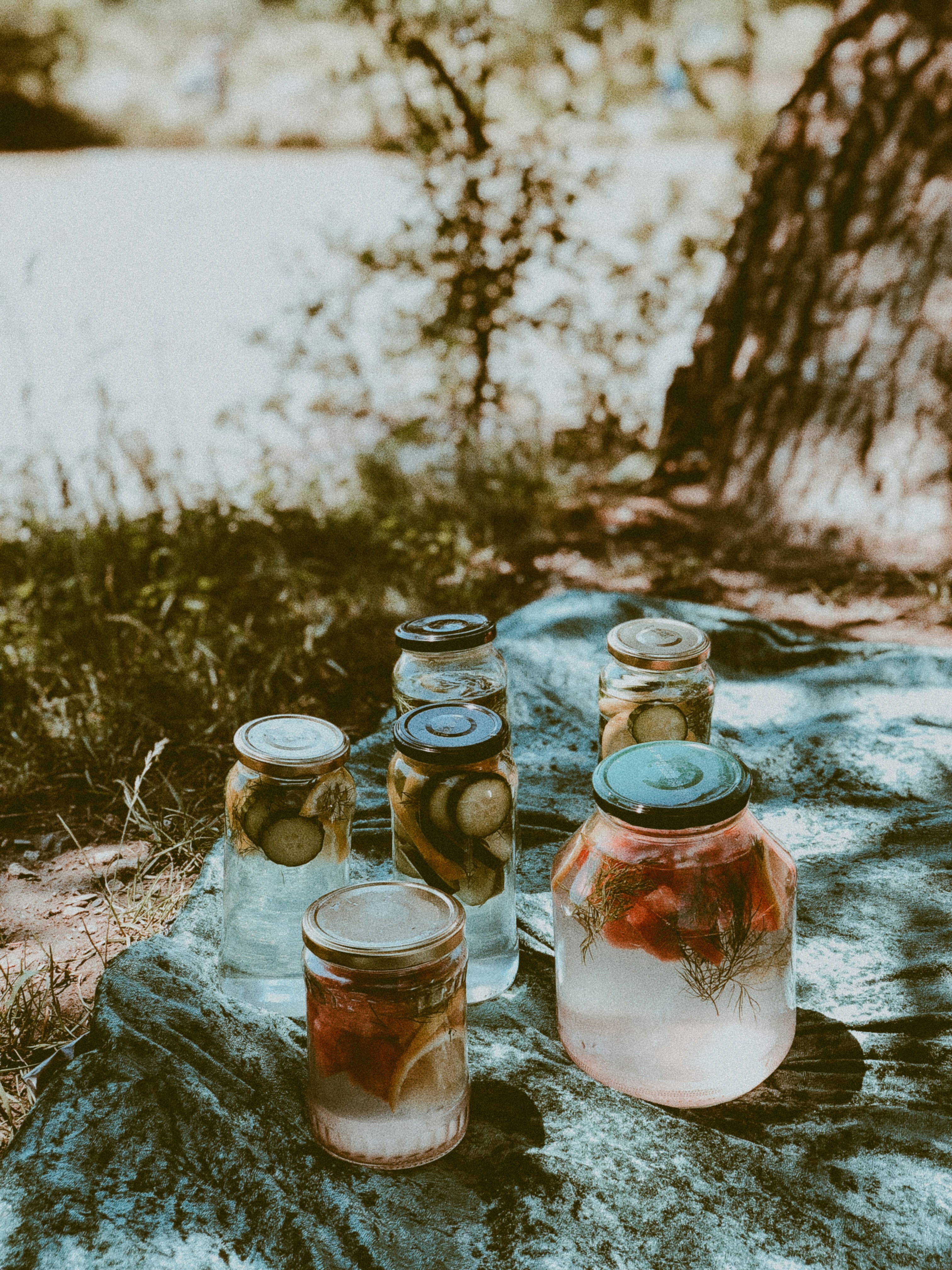 Riverbank Mason Jars: A Quiet Still Life on Sunlit Rock