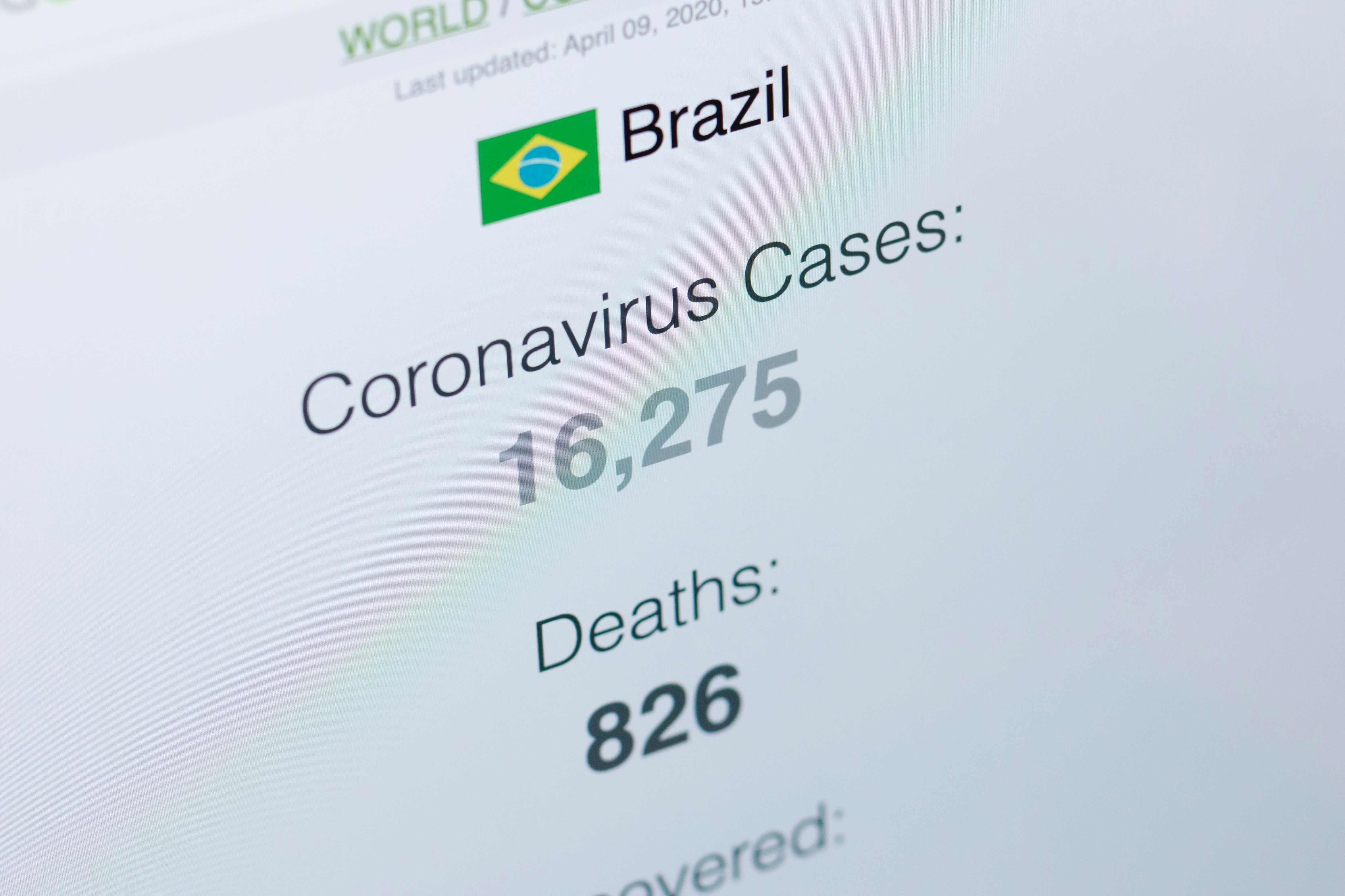 Coronavirus / Covid-19 cases in Brazil. (9.04.2020)
Source: www.worldometers.info/coronavirus | a computer screen with a number of cases on it
