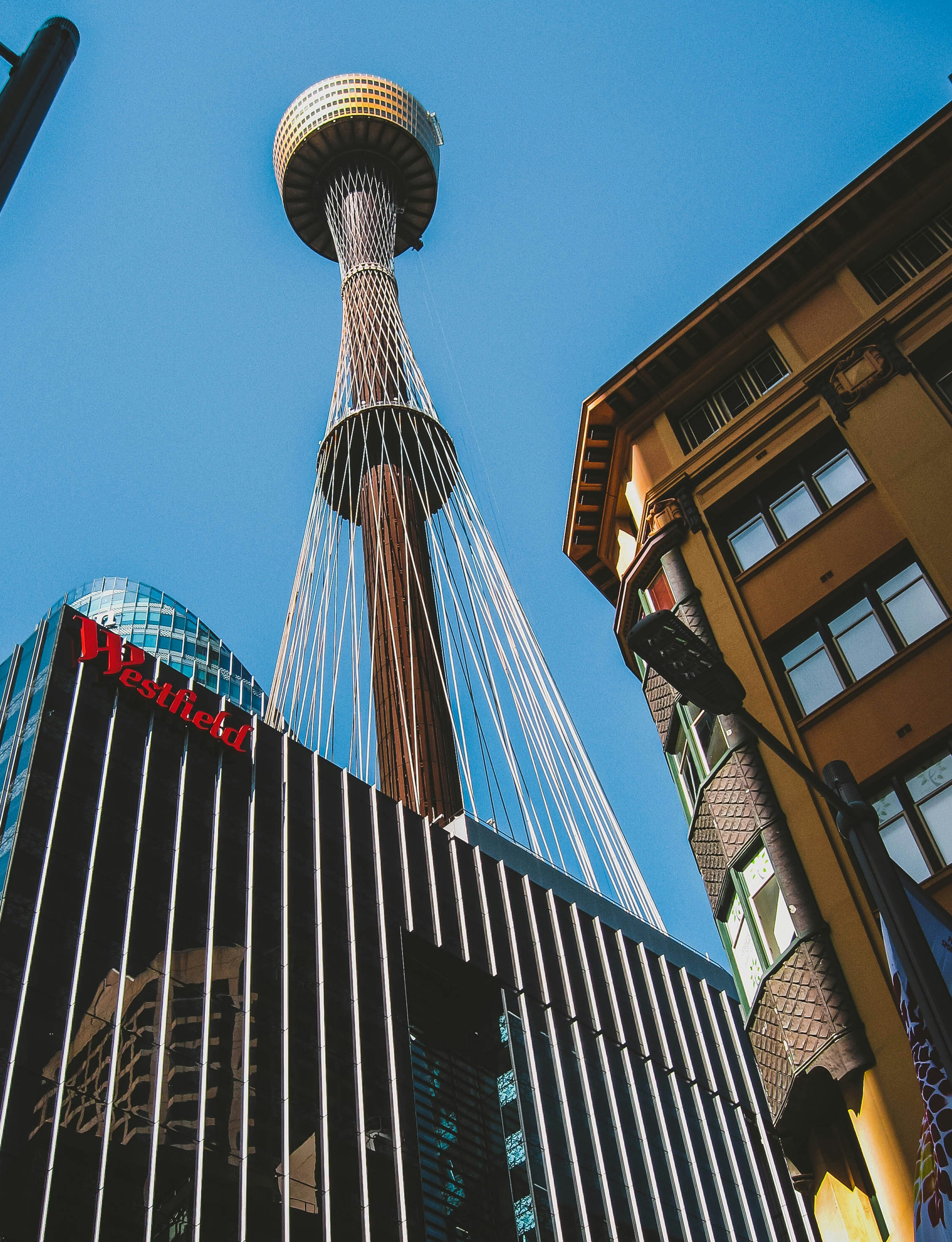 Photograph of a slender lattice tower with radiating cables rising above a glass-fronted building, set against a vivid blue sky.