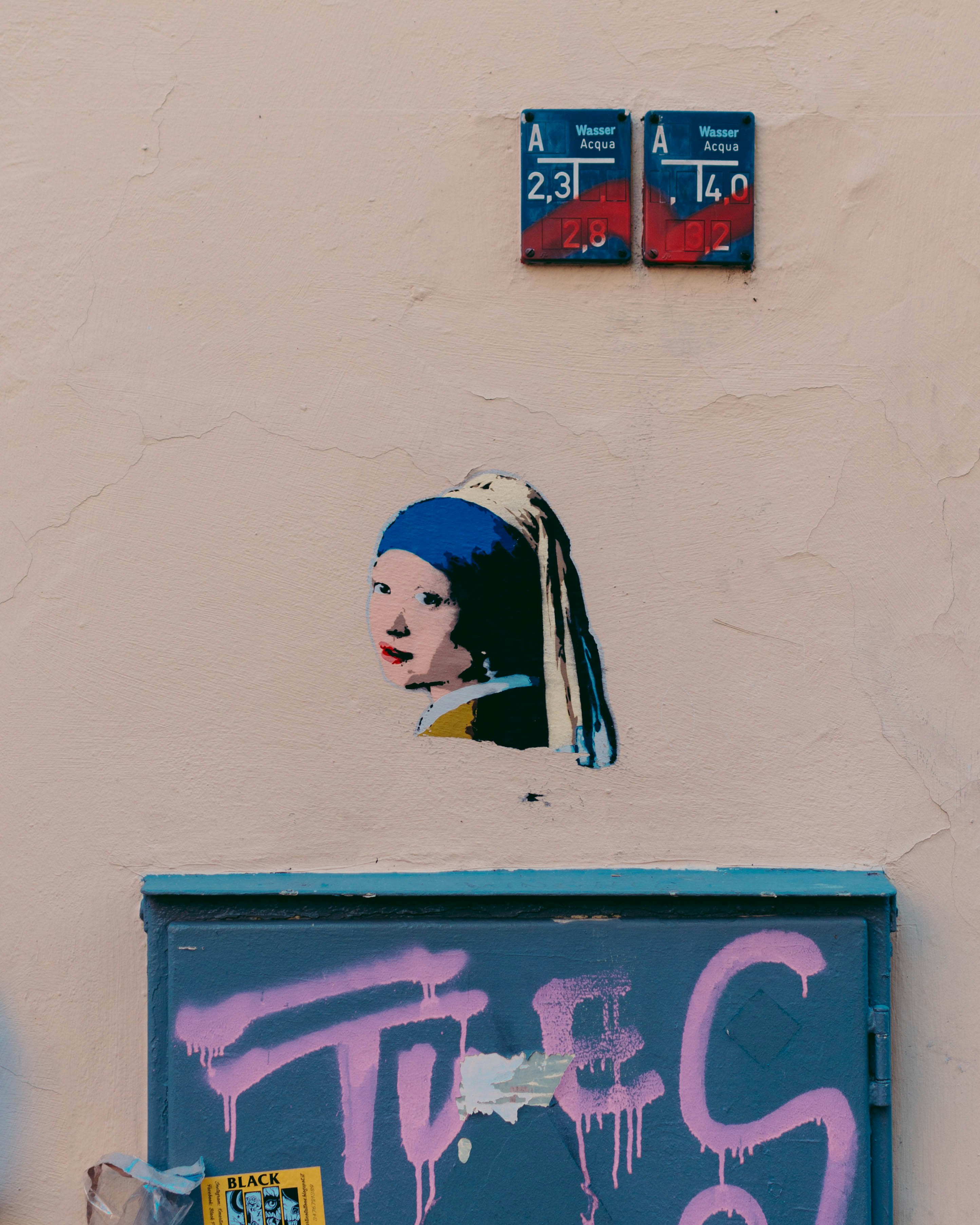 Street art featuring a stylized rendition of Vermeer’s Girl with a Pearl Earring, juxtaposed against a textured wall with utility signs and graffiti.