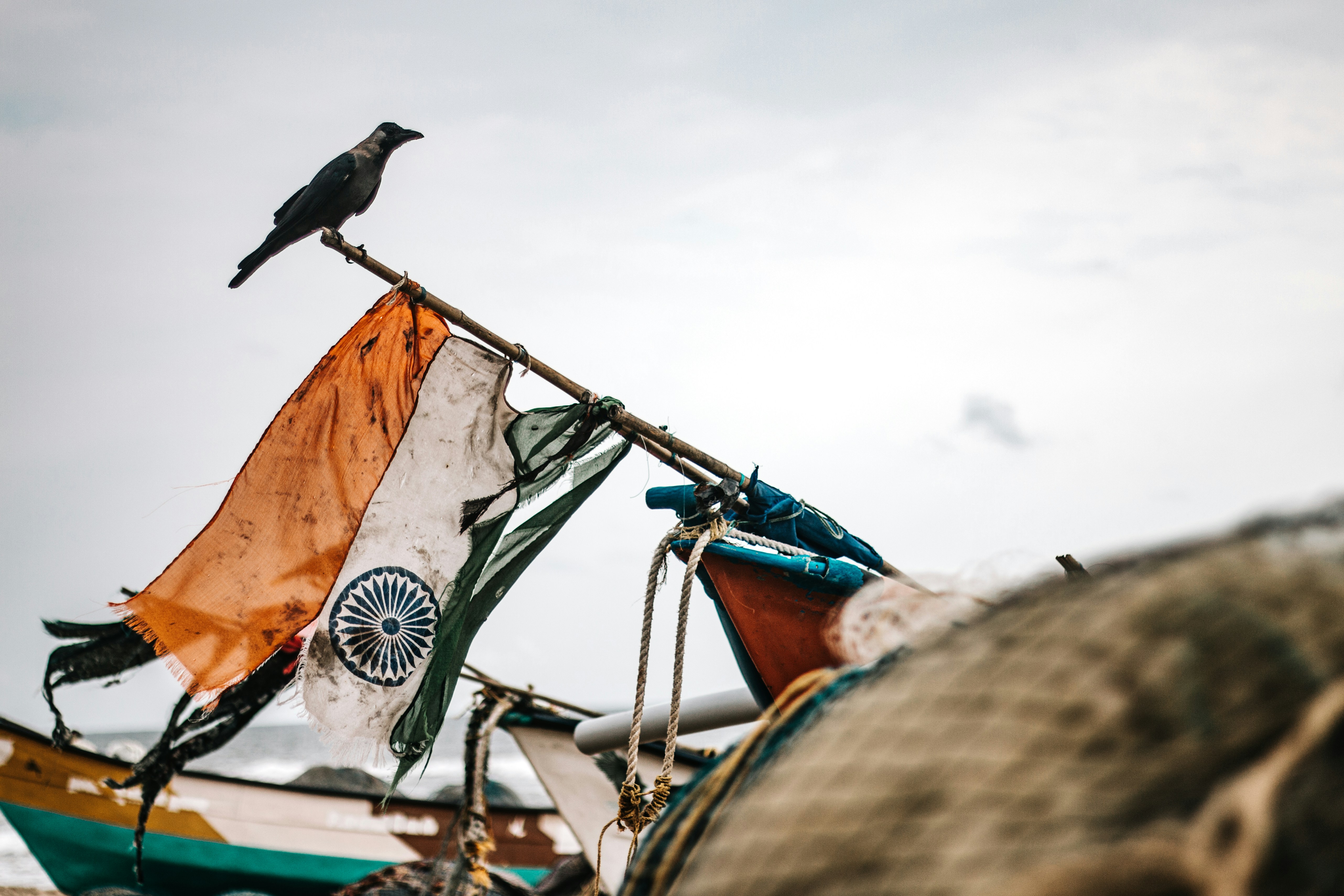 Crow Over a Weathered Indian Flag on a Fisherman's Boat