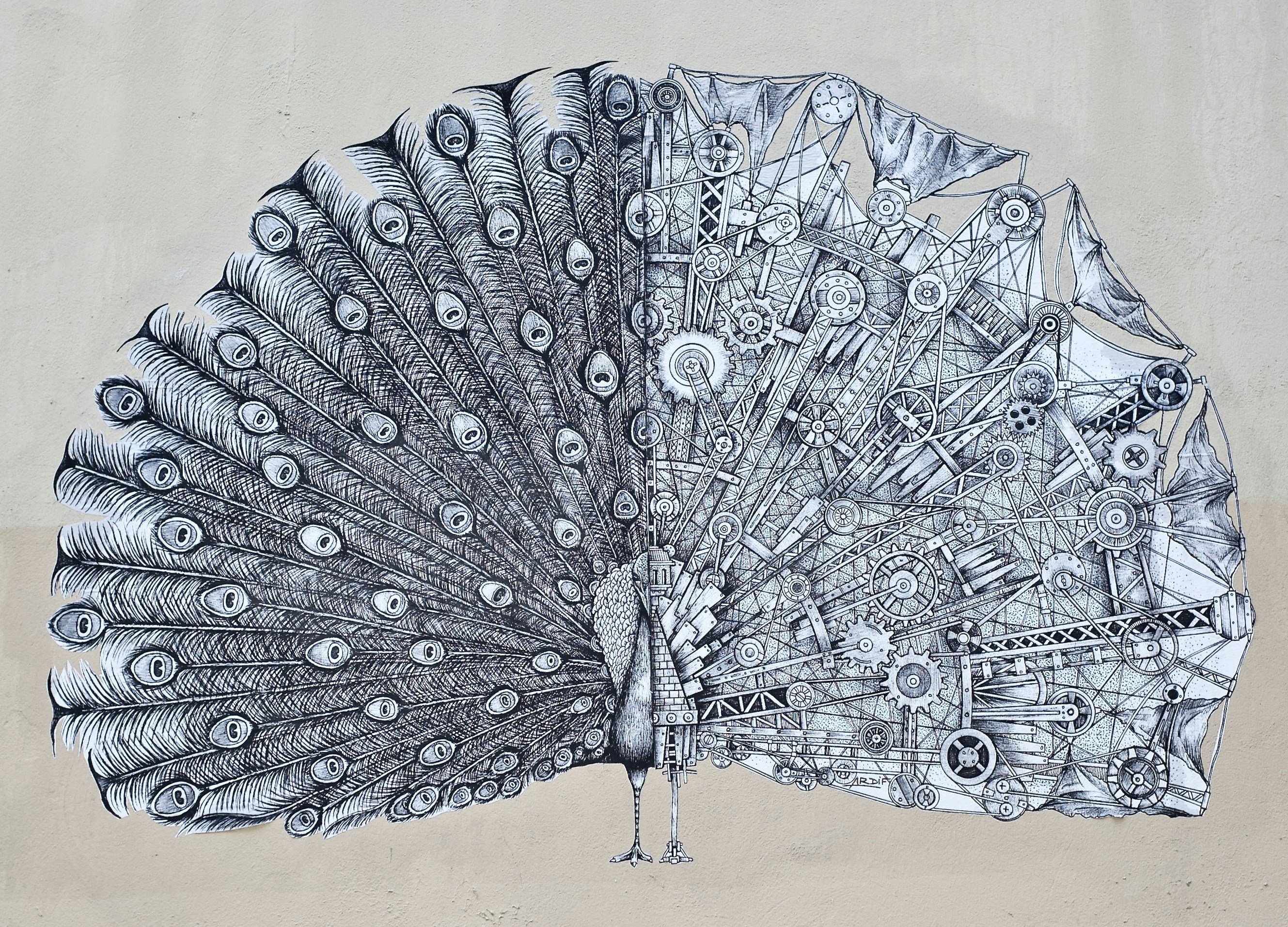 Clockwork Plumage: A Gear-Driven Peacock Mural
