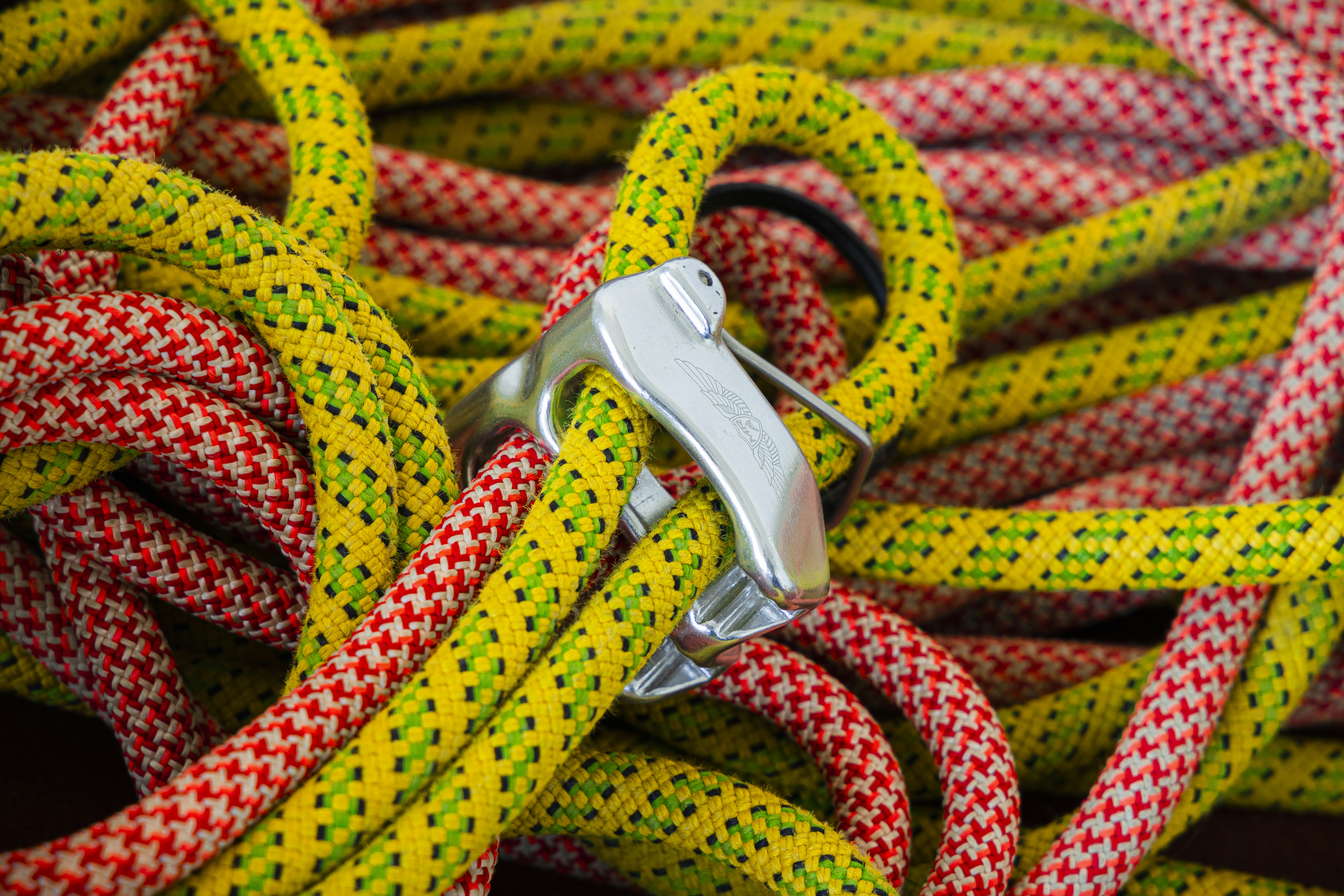 A close-up view of intertwined climbing ropes in vibrant colors, showcasing a metal carabiner securing the strands together.