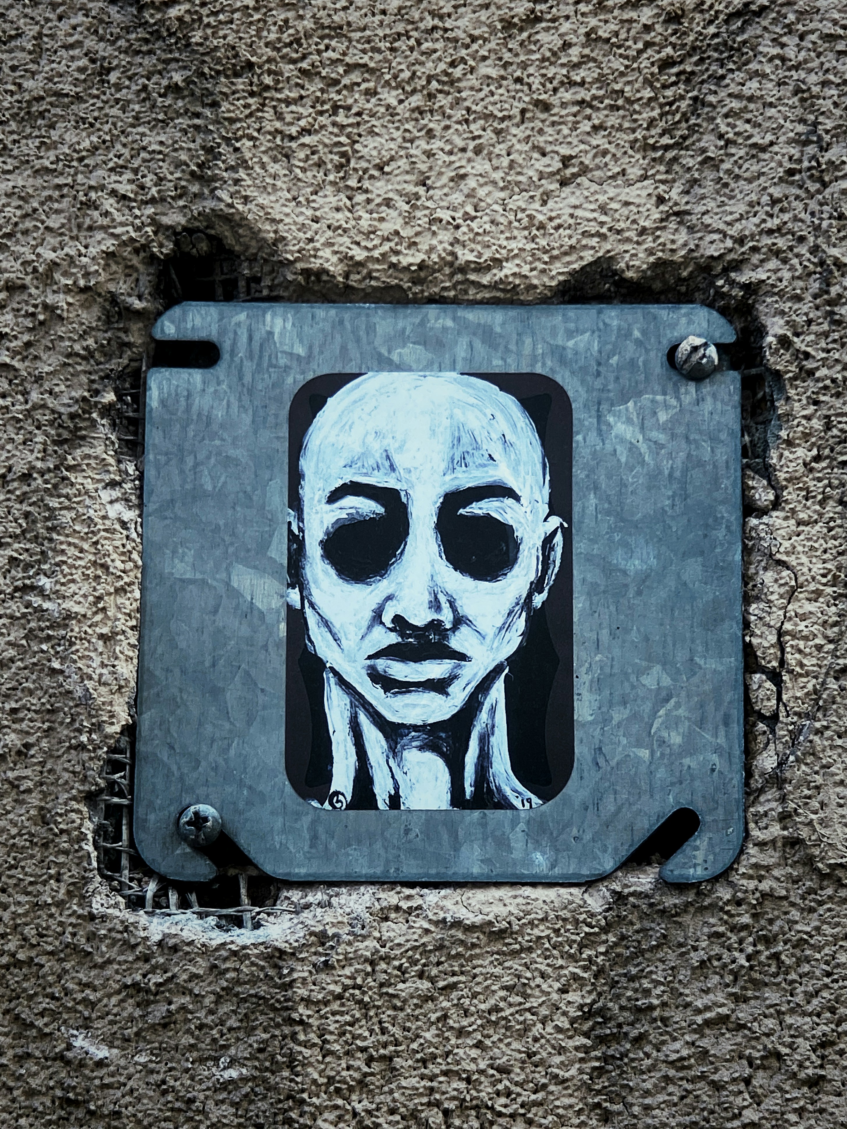 Ghost in the Panel: A Pale, Void-Eyed Portrait Embedded in Concrete