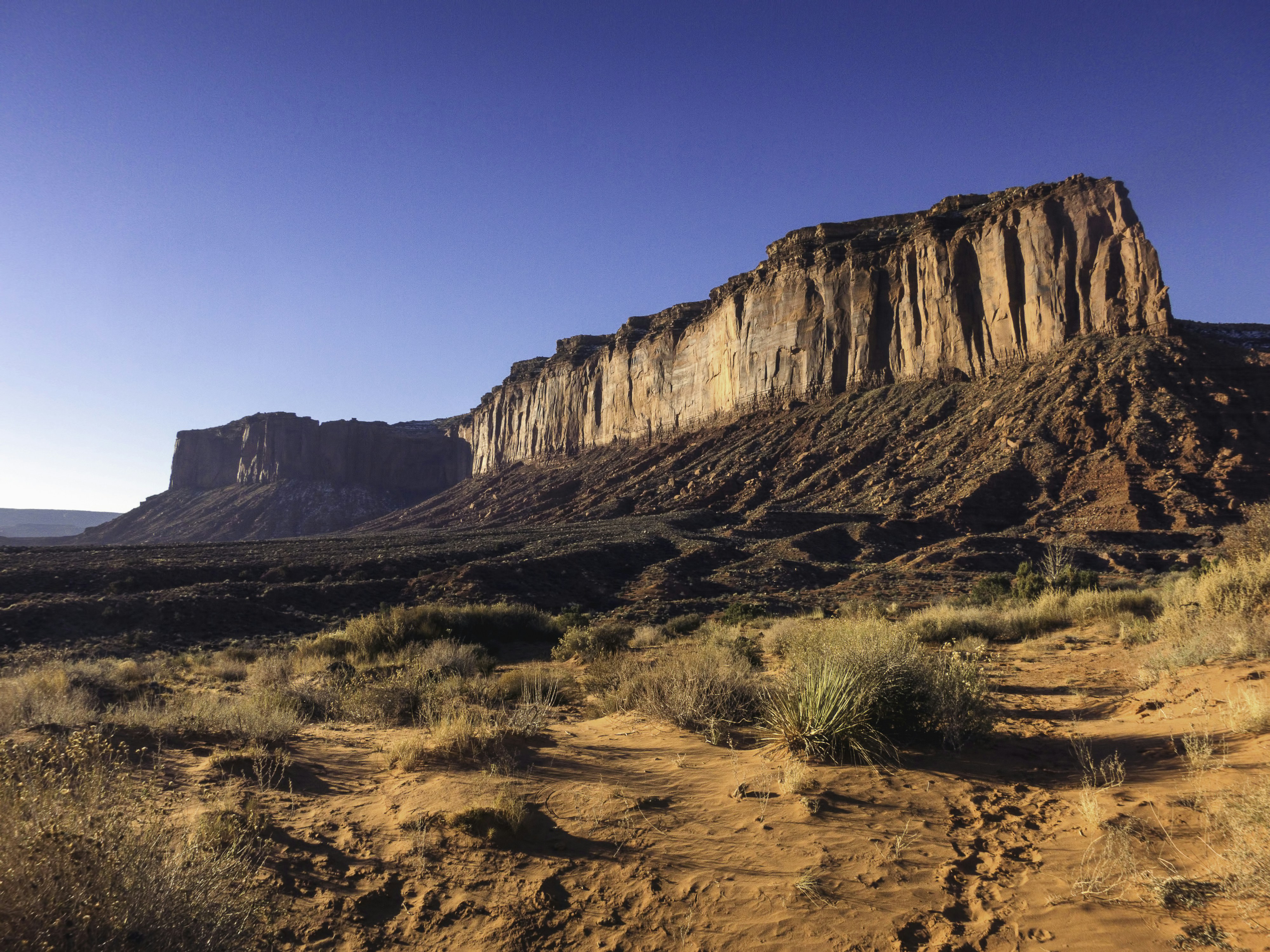 Majestic rock formations rise against a clear blue sky, showcasing the rugged beauty of the desert terrain.