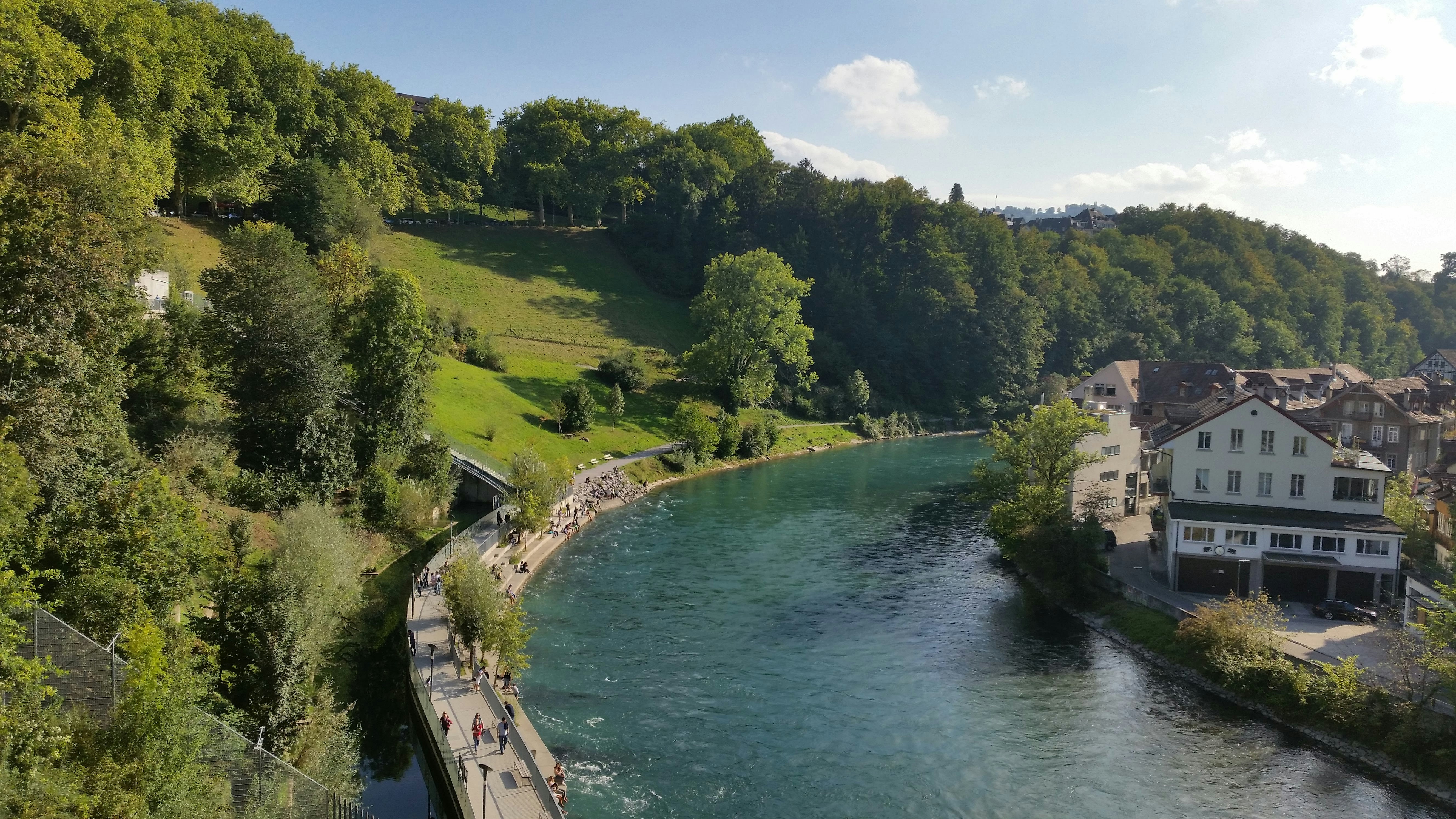 River curving alongside a lush, green hillside with trees and buildings under a clear blue sky.