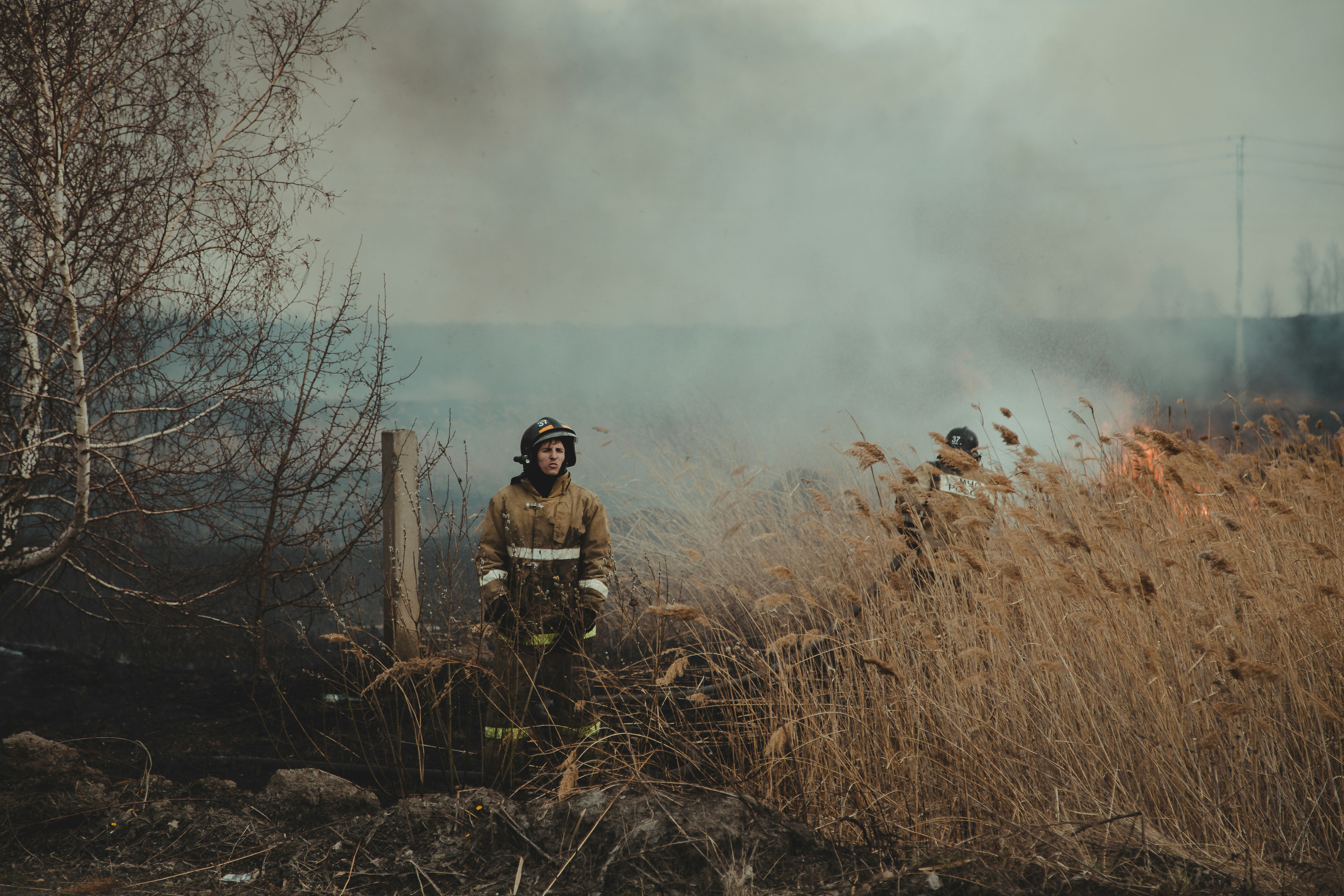 Homme en veste noire et marron debout sur le champ d’herbe brune photo ...