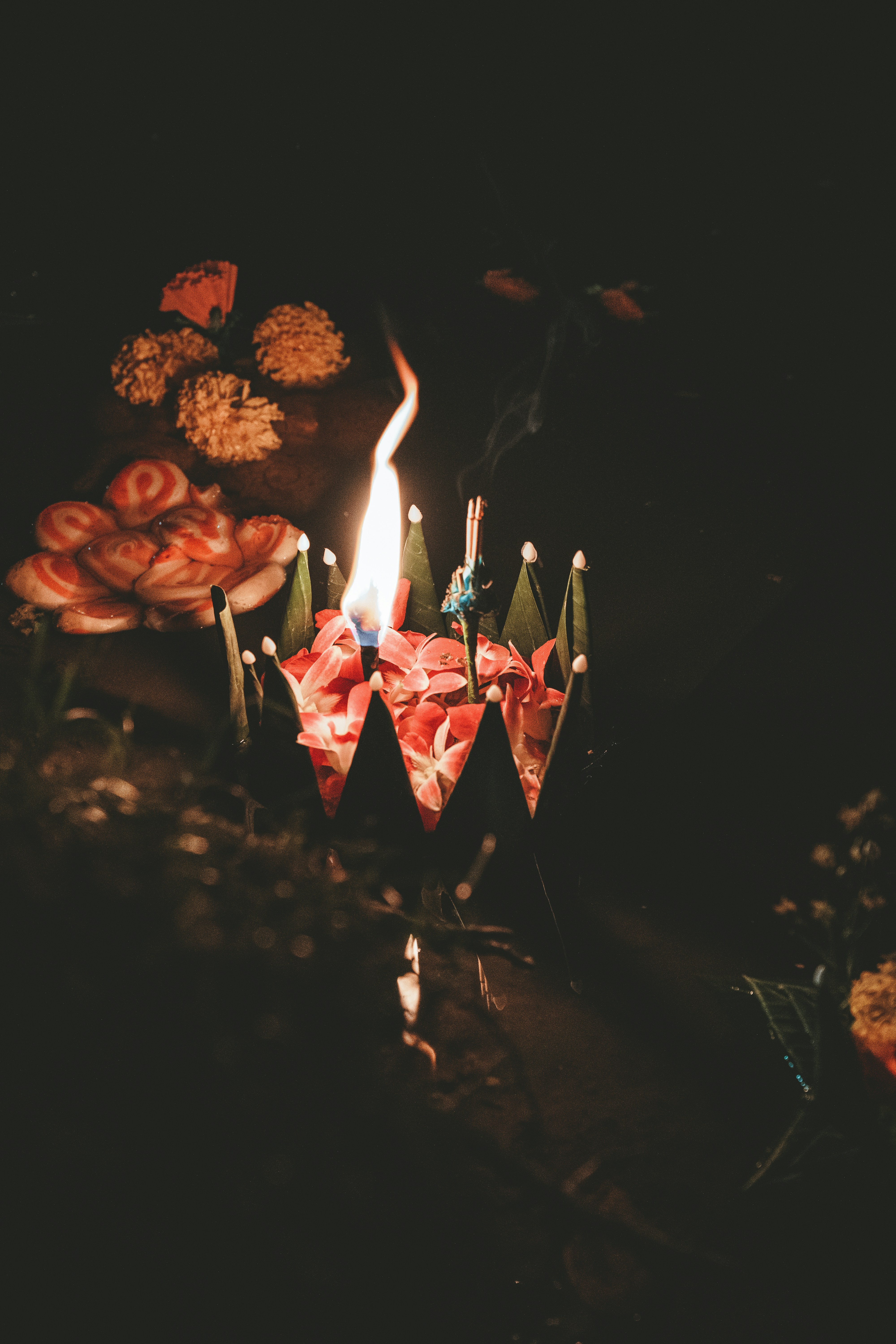 lighted candle on brown dried leaves