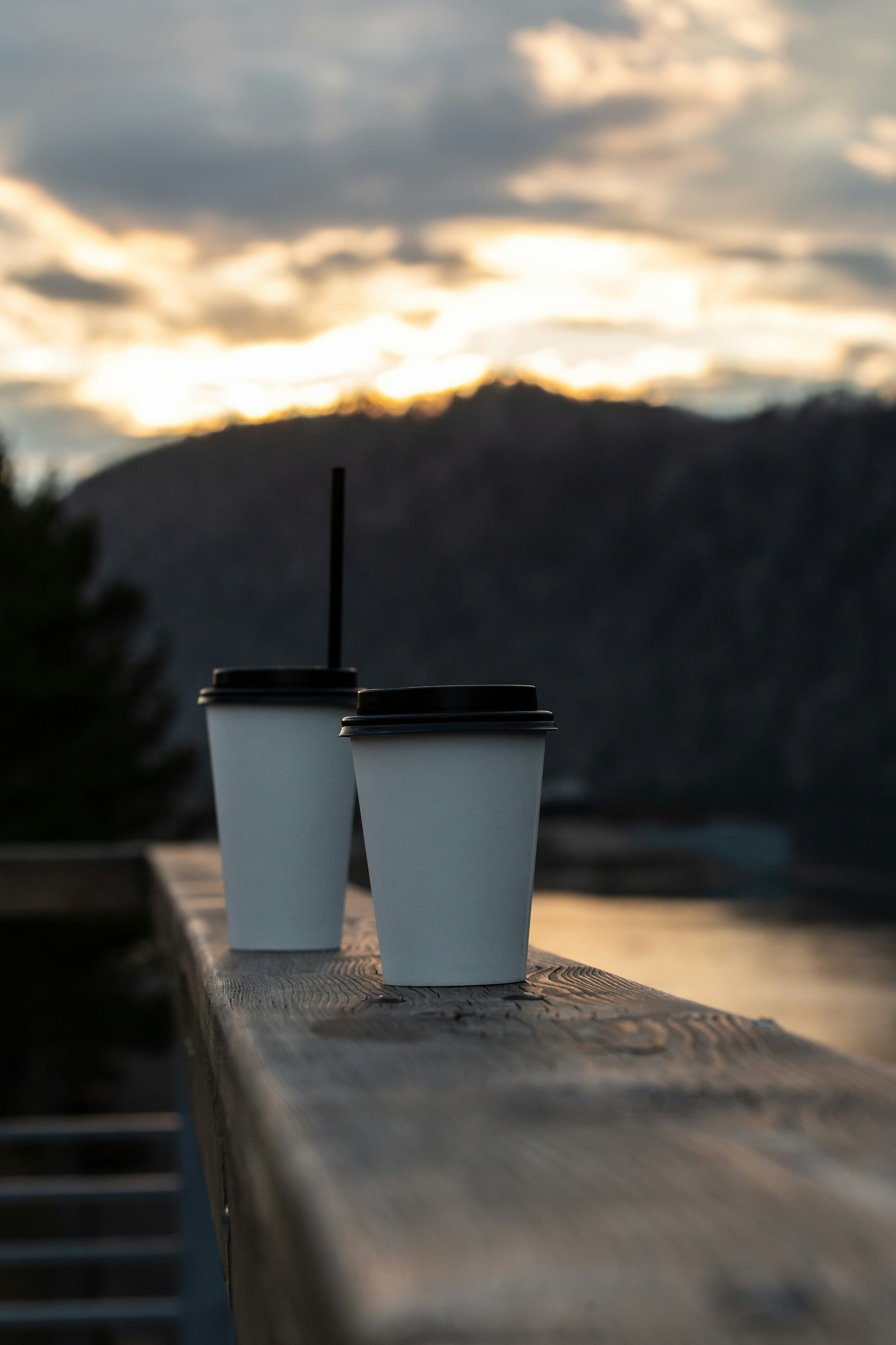 Sunlit Pause: Two Takeout Cups on a Weathered Railing