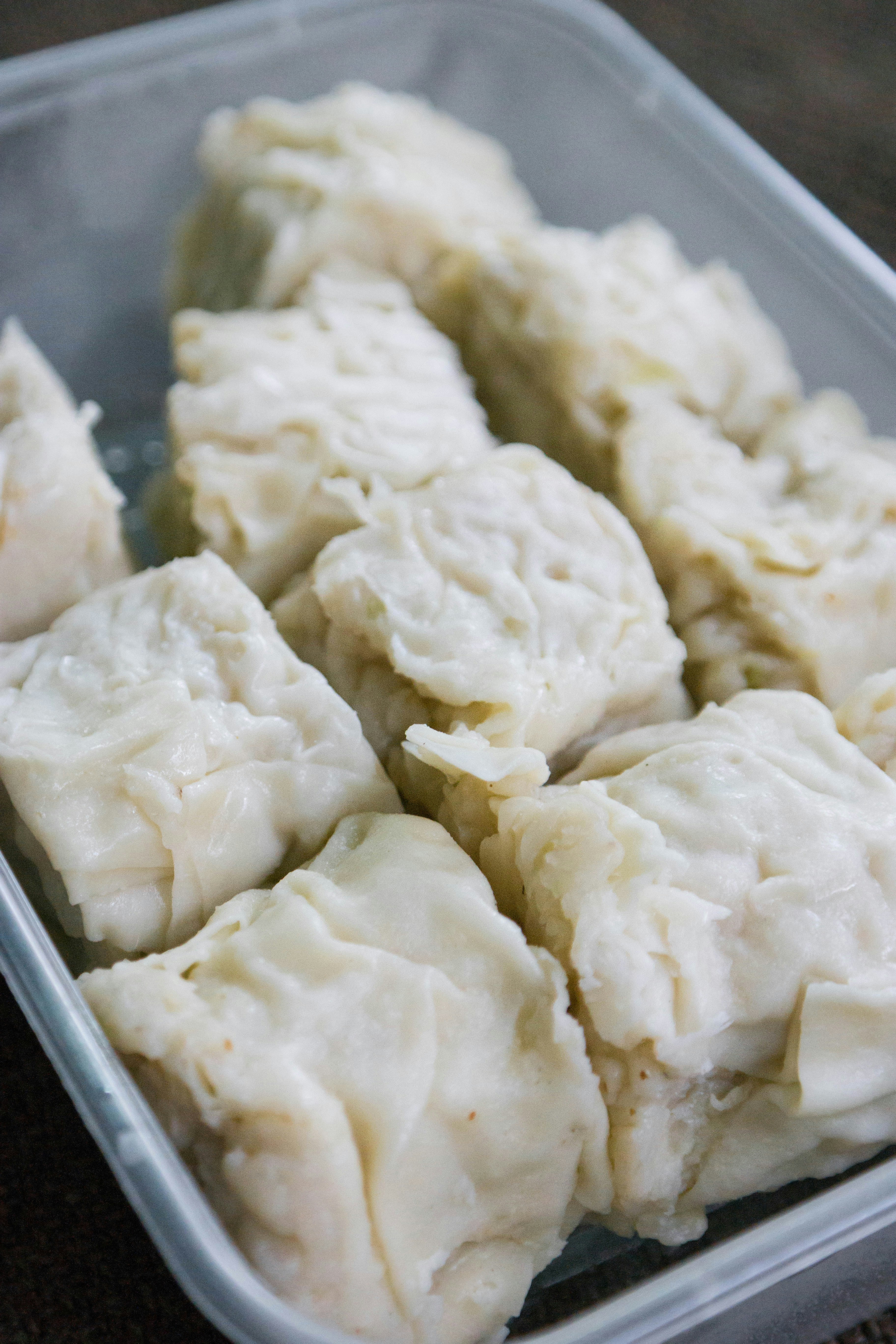 A close-up view of neatly arranged dumplings in a transparent container, showcasing their intricate folds and textures. Perfectly prepared for steaming or frying.