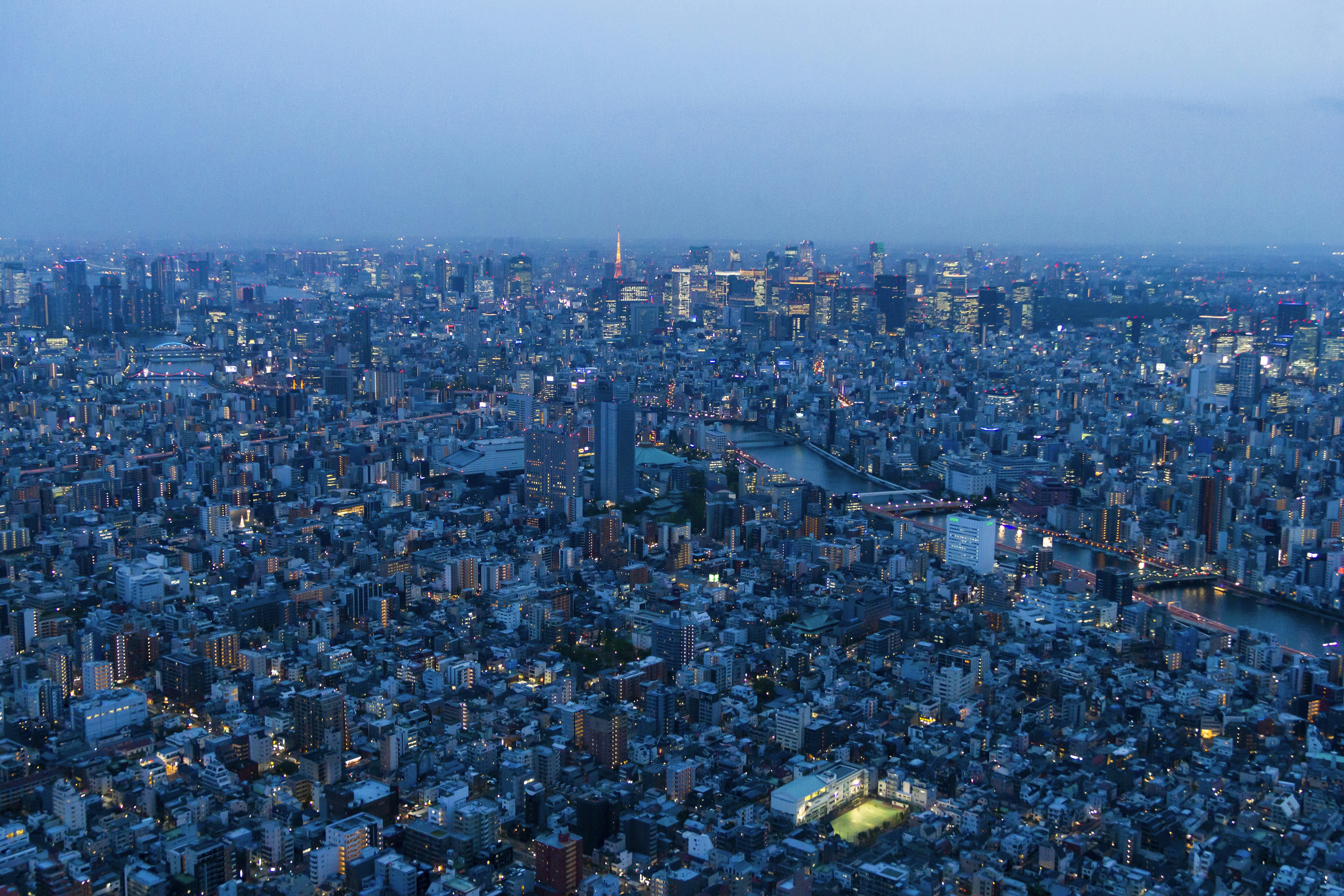 Vast cityscape of Tokyo illuminated at dusk, showcasing a web of buildings and streets interwoven with shimmering lights. The scene captures the essence of urban life and architecture.