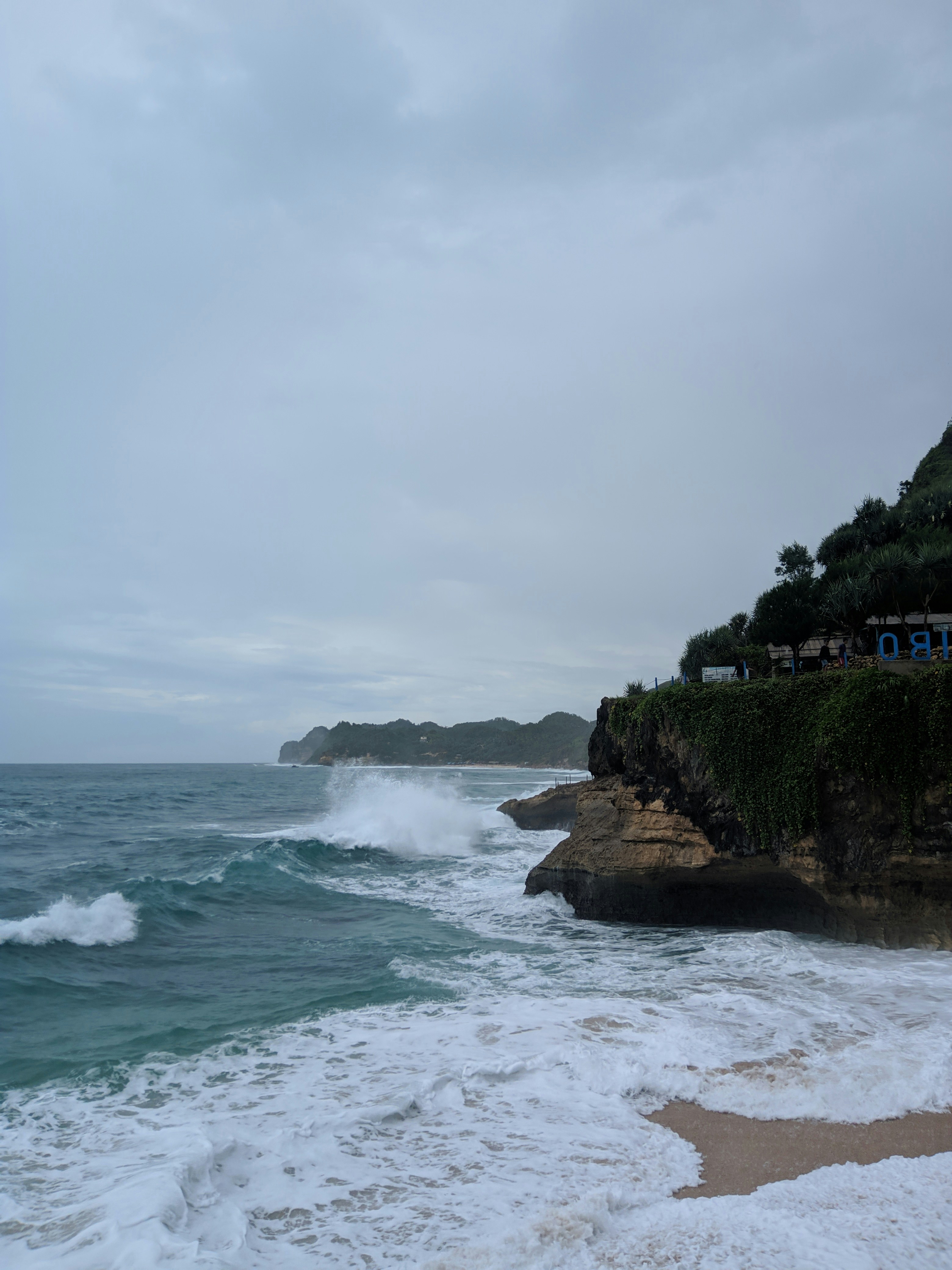 Waves crash against a rugged shoreline under a cloudy sky, revealing a lush cliffside adorned with greenery. The scene captures the raw beauty of nature's coastal landscape.