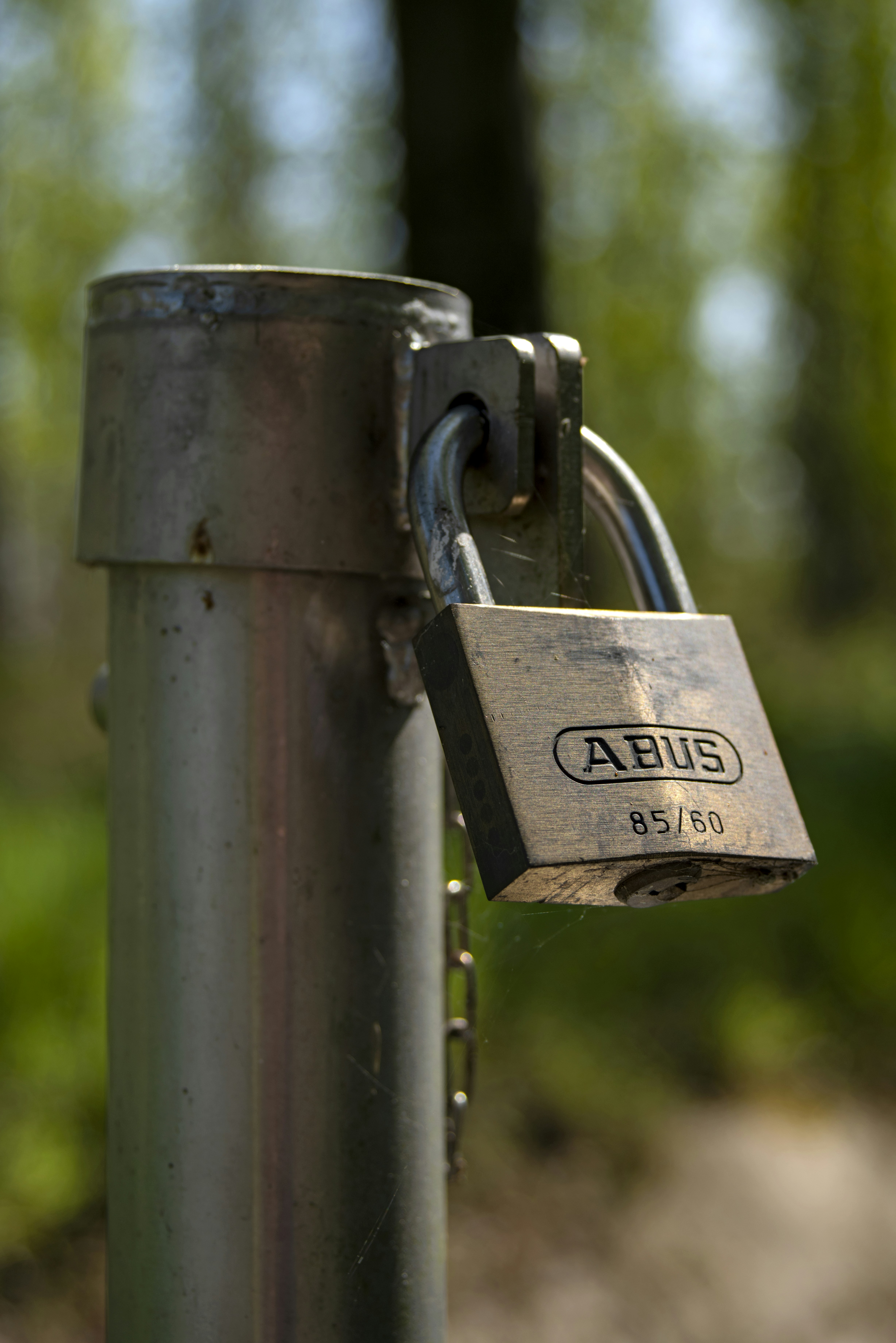 Lock in the Path: A Weathered Padlock on a Sturdy Post