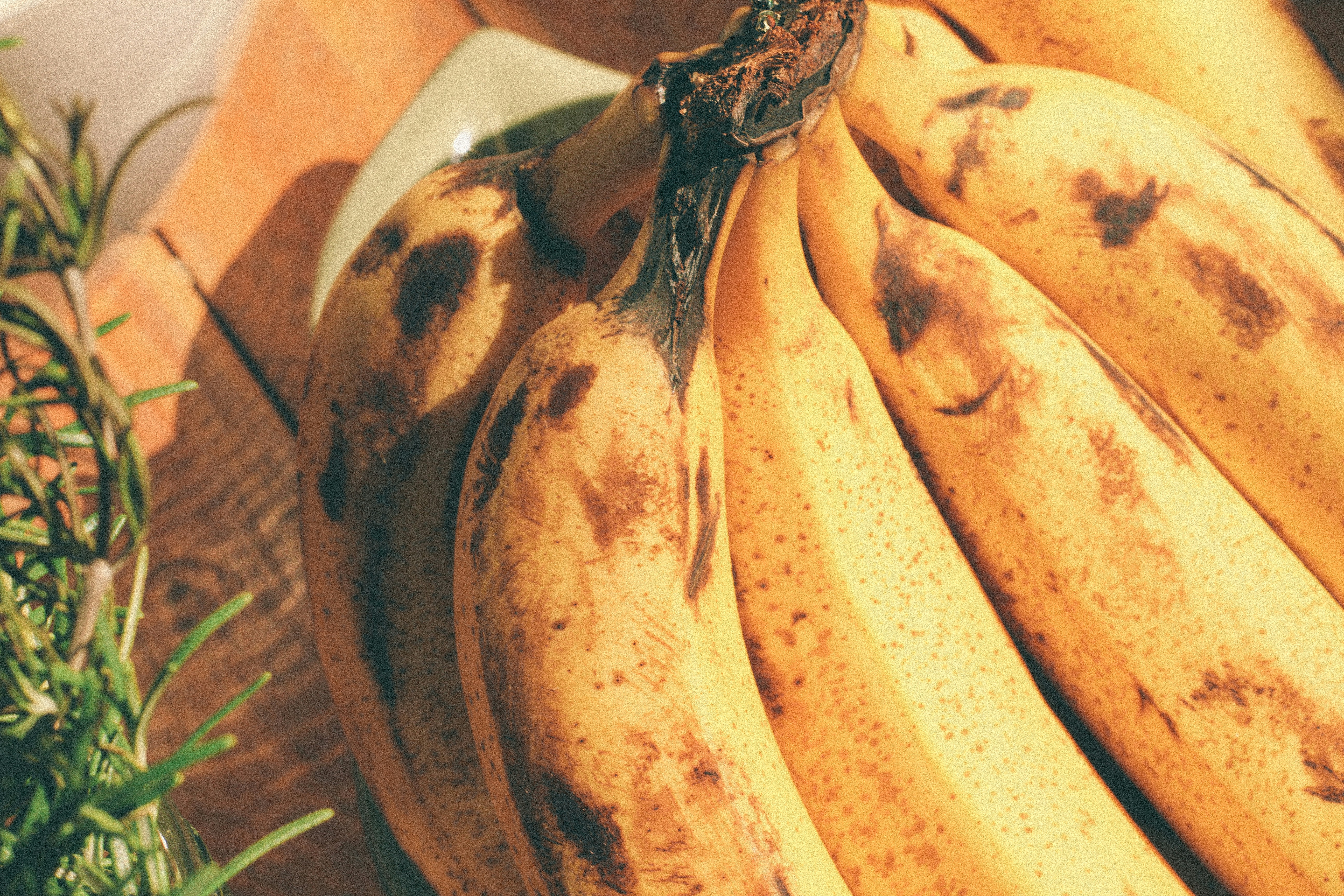 Sunlit Banana Bunch on a Weathered Wood Counter
