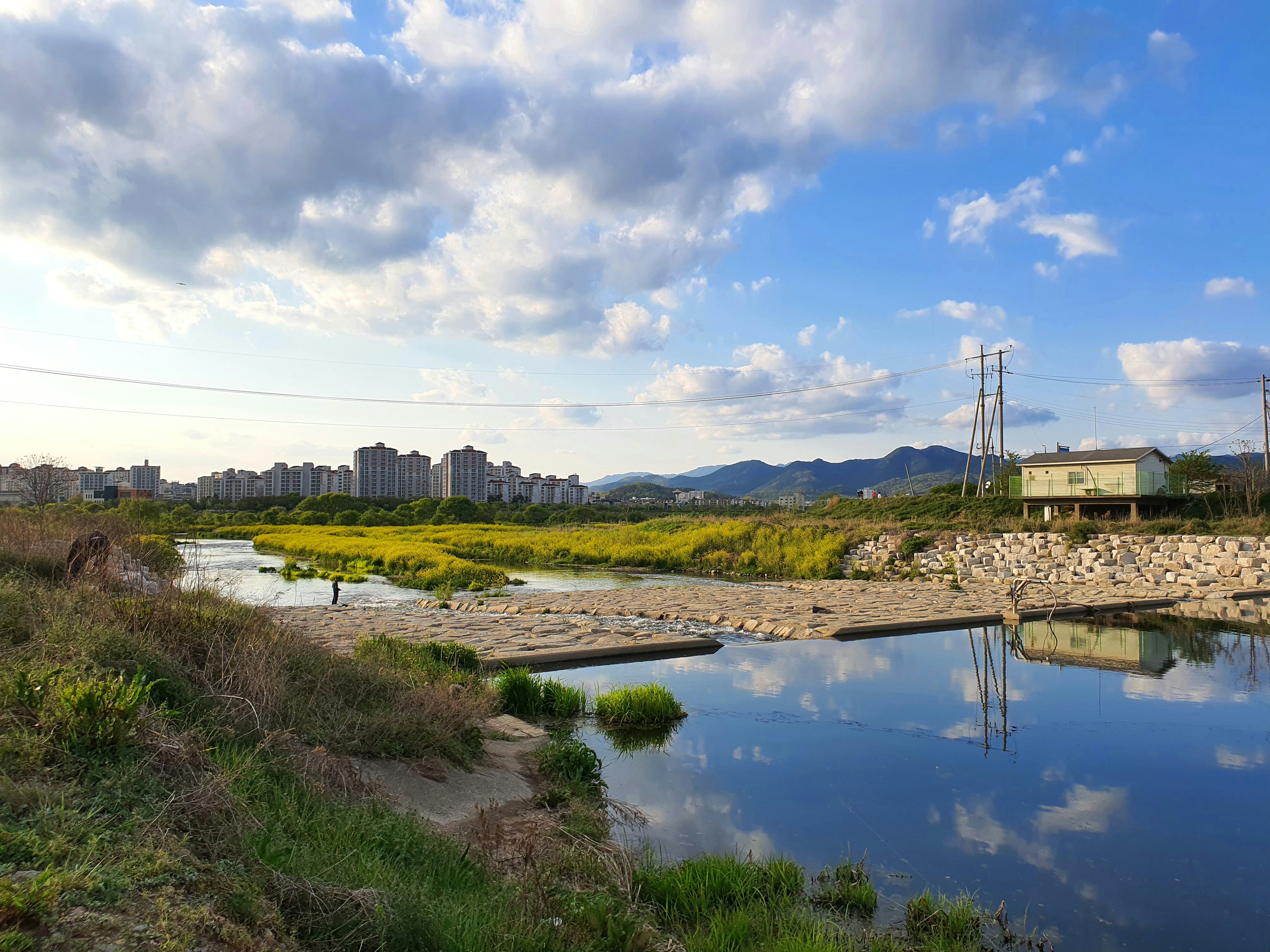 A tranquil river scene with lush greenery and reflections of distant buildings under a partly cloudy sky.
