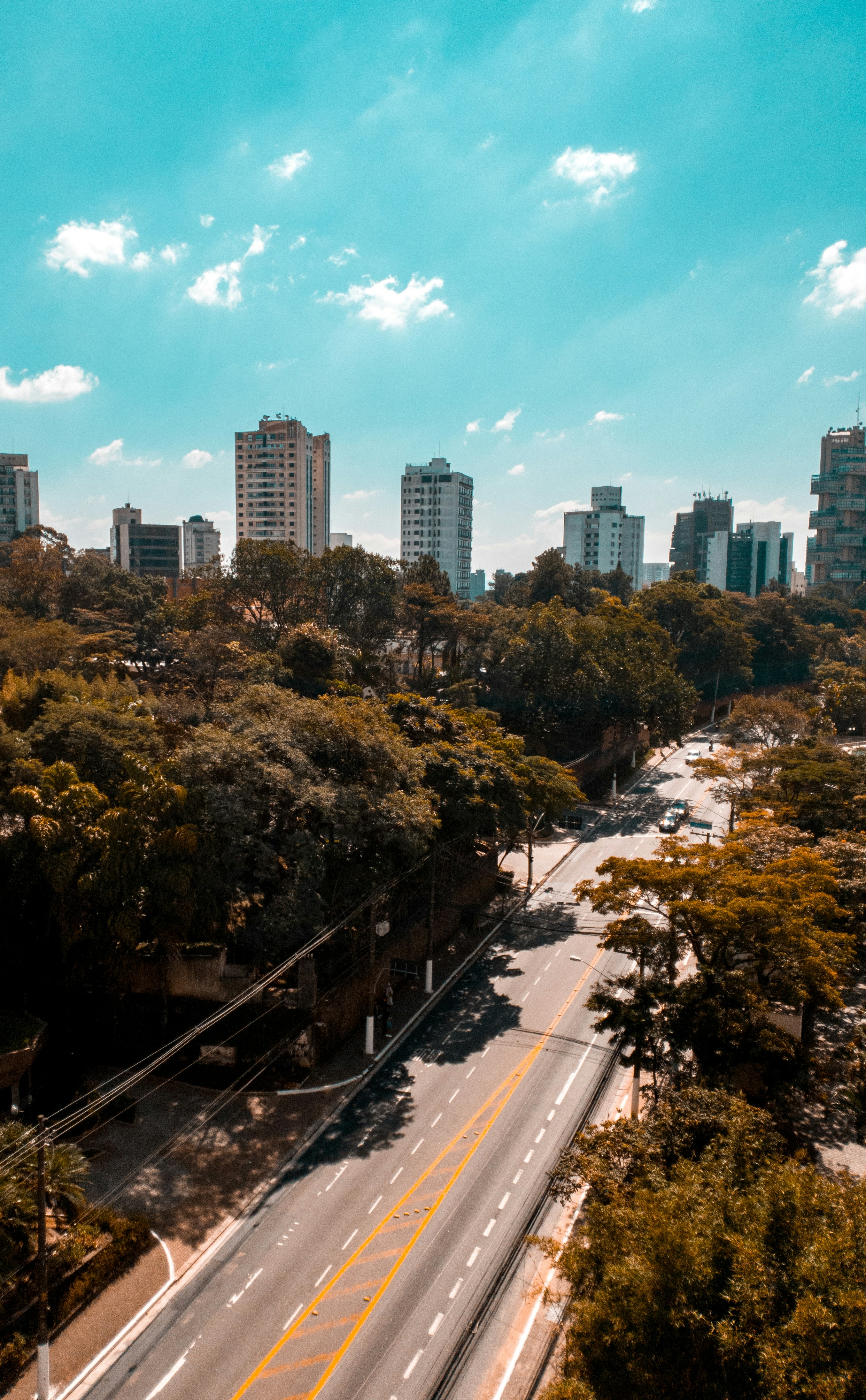 Aerial view of a tree-lined boulevard cutting through a dense cityscape, with tall buildings on the horizon under a bright cyan sky.