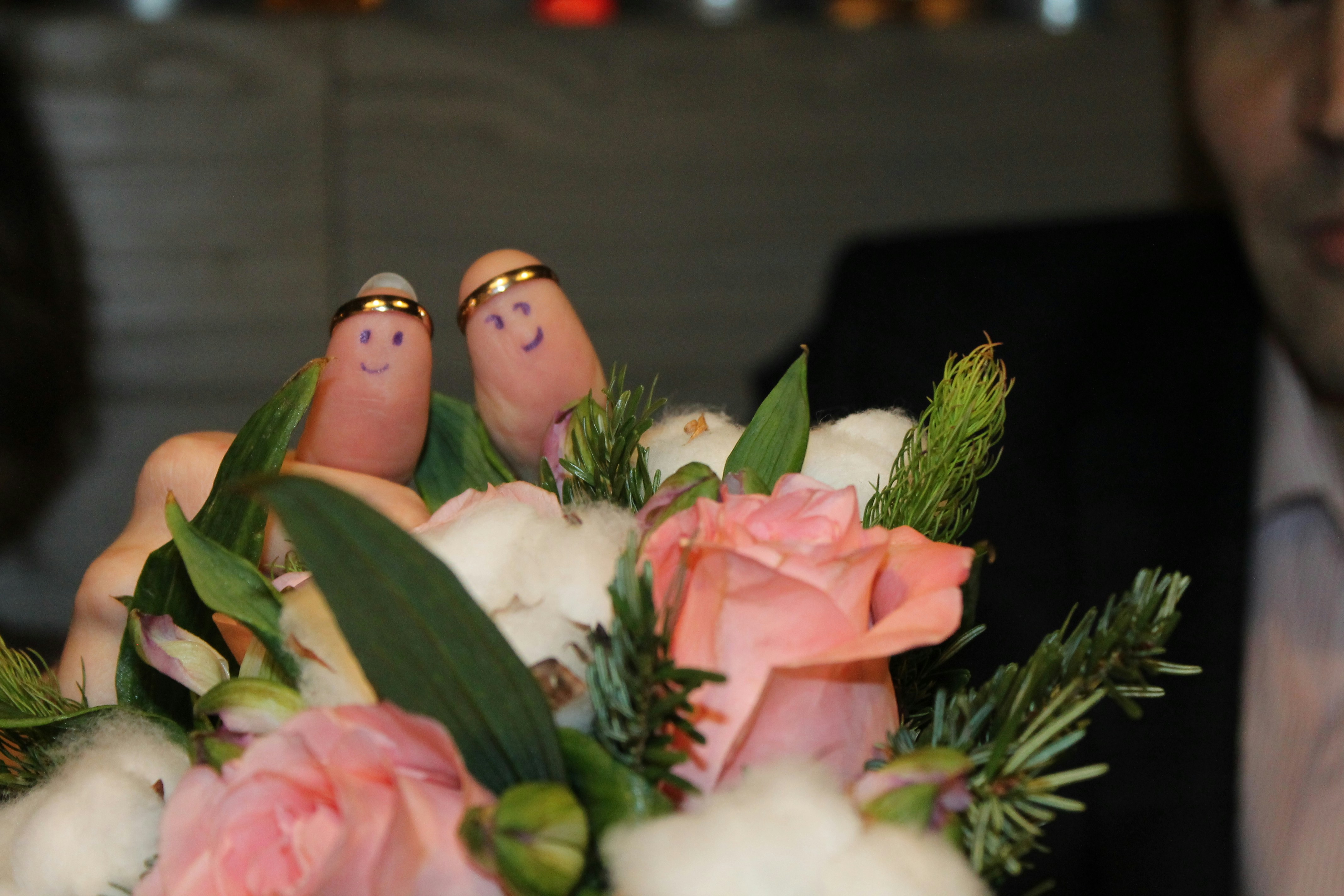 Whimsy Between Petals: Two Finger Puppets in a Pink Bouquet