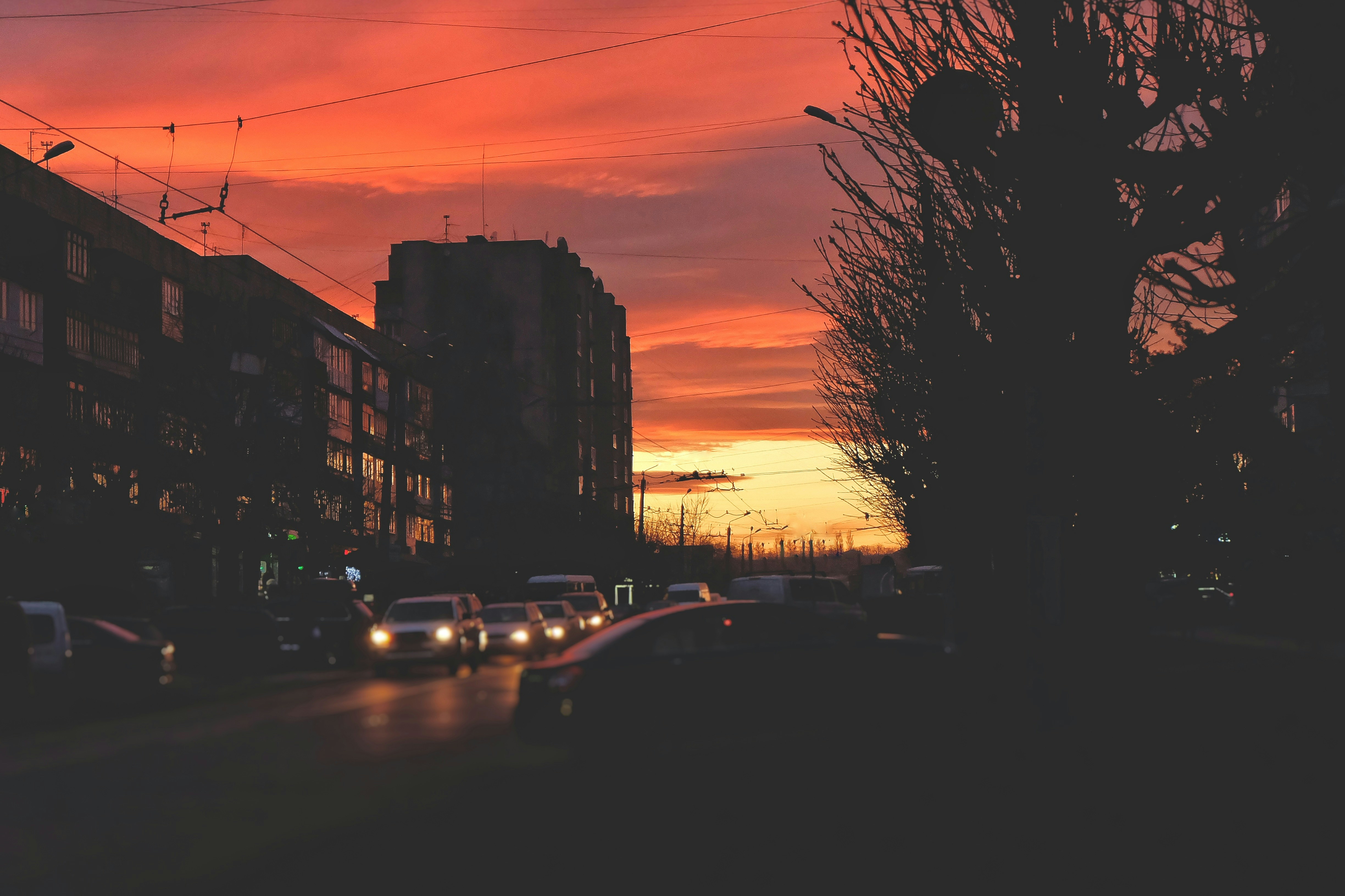Silhouetted cityscape at dusk with vibrant orange and purple sky, highlighting the contrast between urban life and nature's beauty.