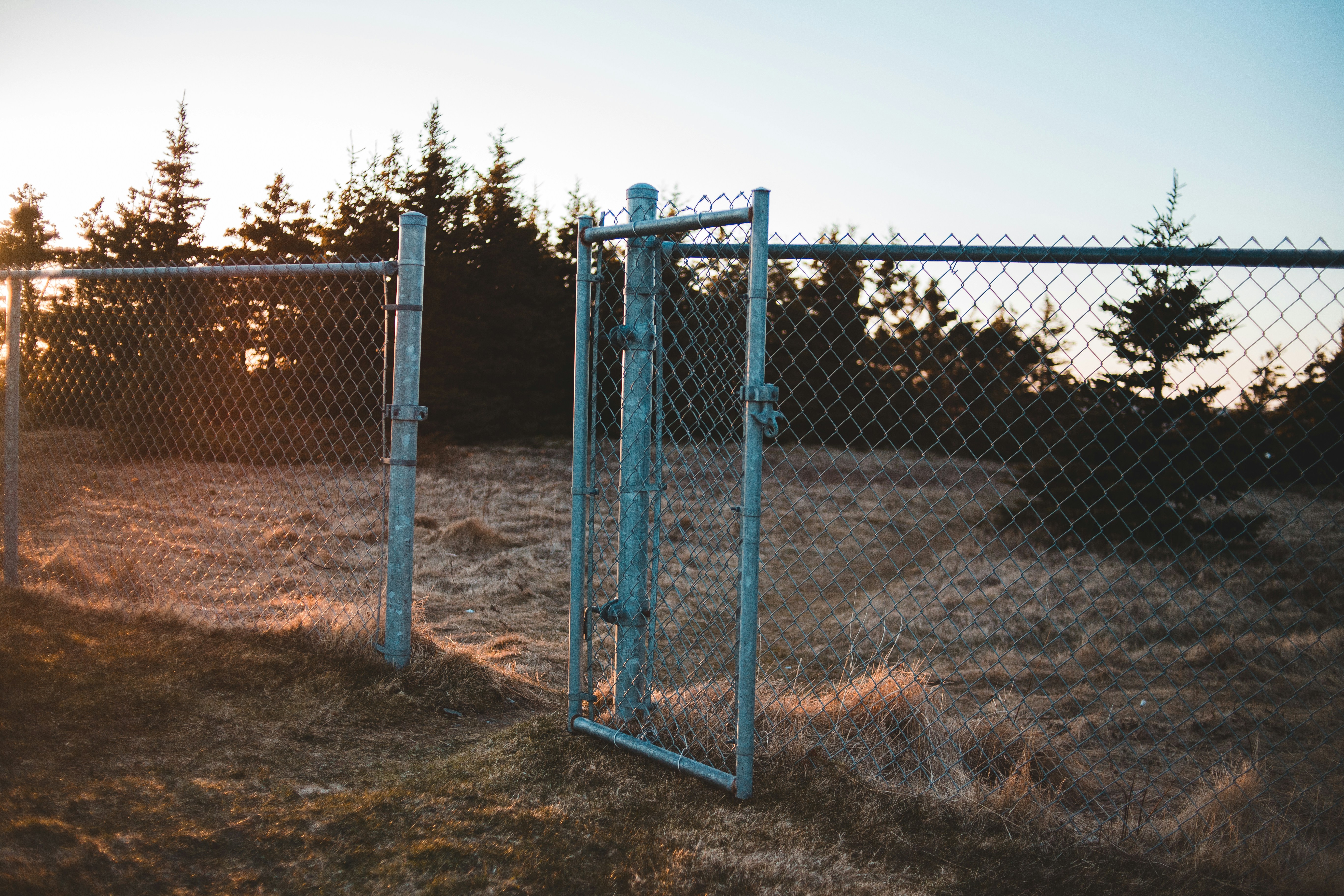 Rusty gate ajar in a fenced area, leading to a field with sparse grass and silhouetted trees at sunset.