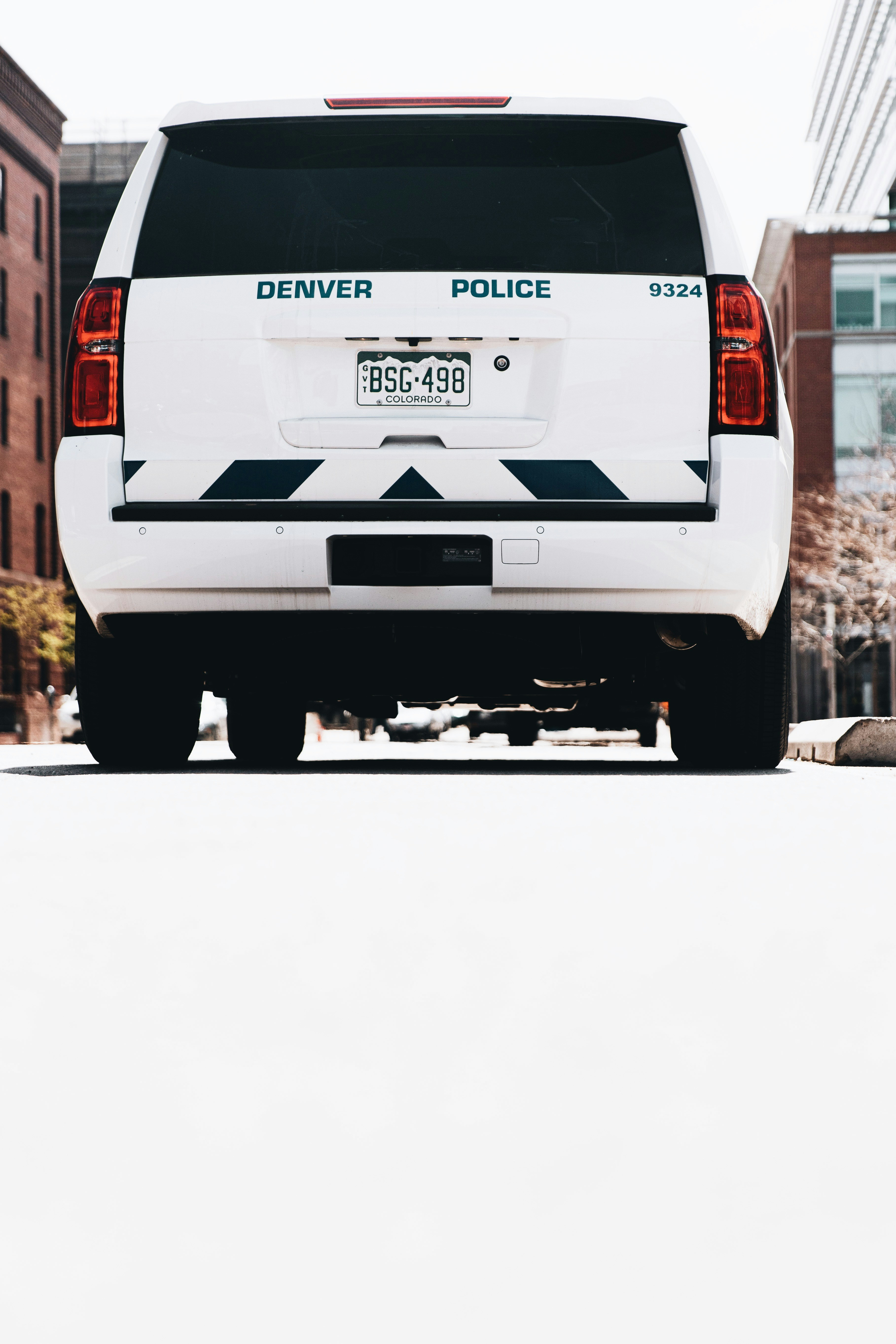 Rear View of a Denver Police SUV: Bold Stripes and Colorado Plate