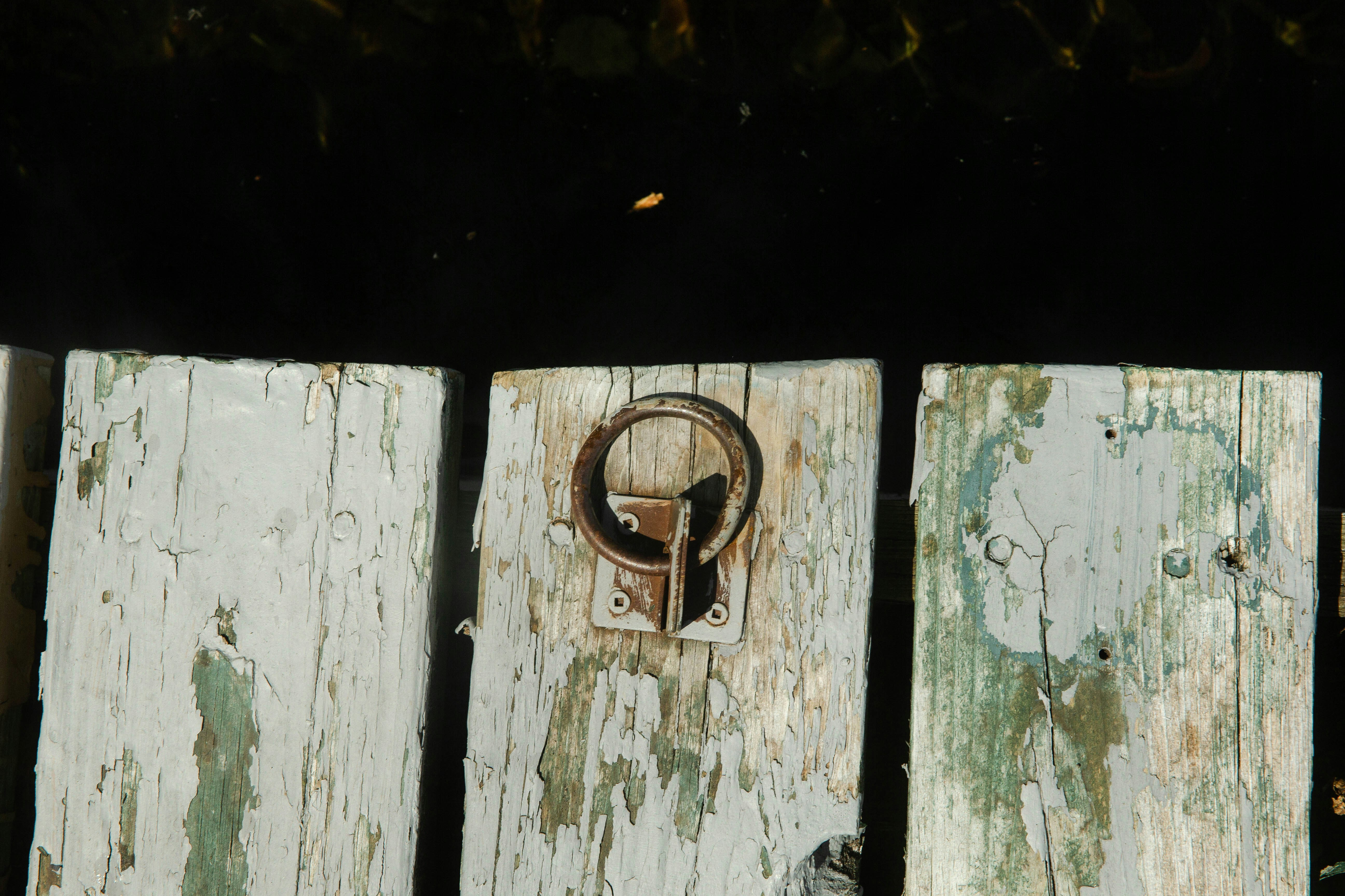 Weathered wooden dock planks with a metal ring embedded in the center, showcasing the passage of time and nature's touch.