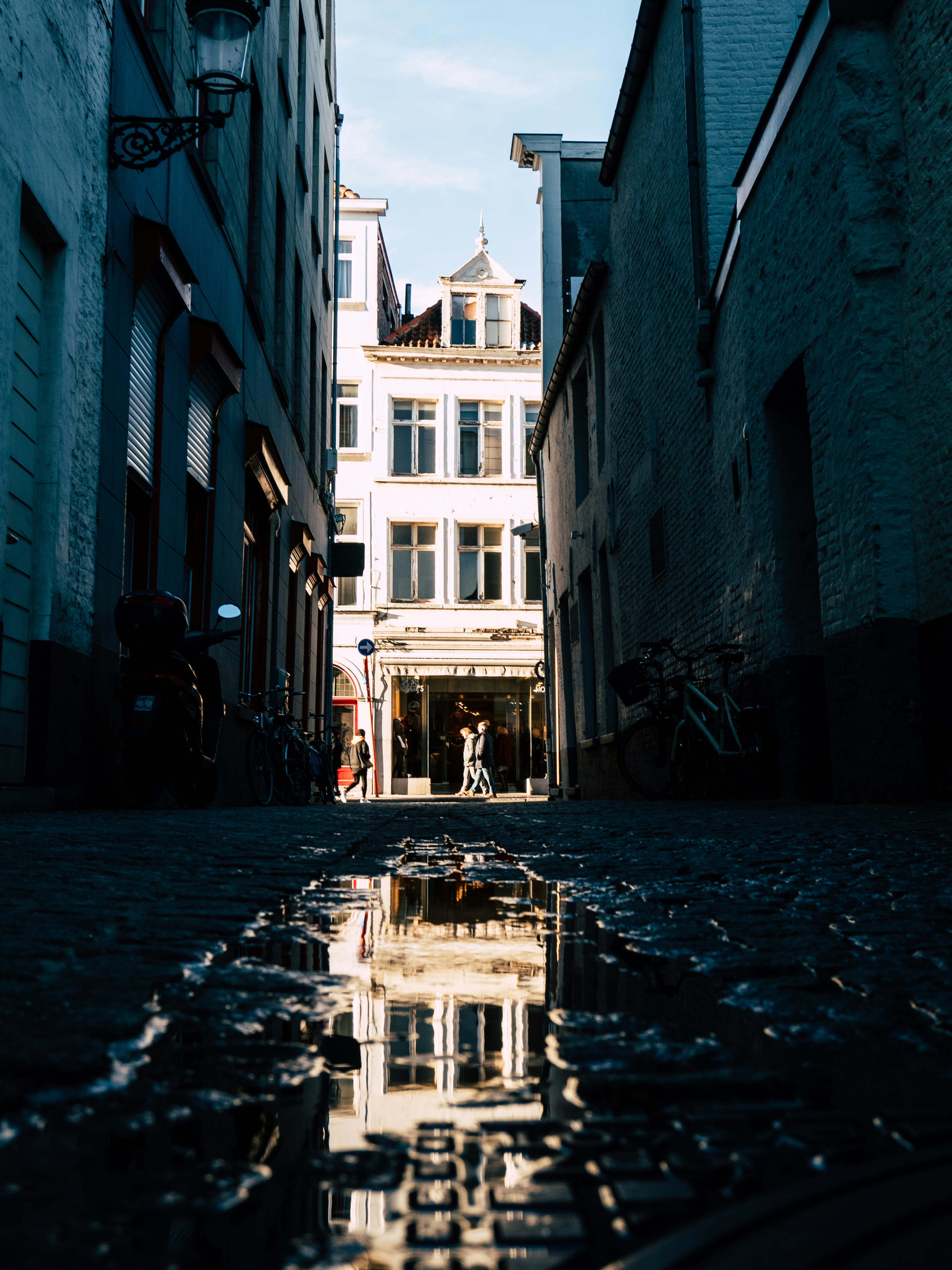 Lightfall in the Alley: A Reflected Quiet Centered on a Facade