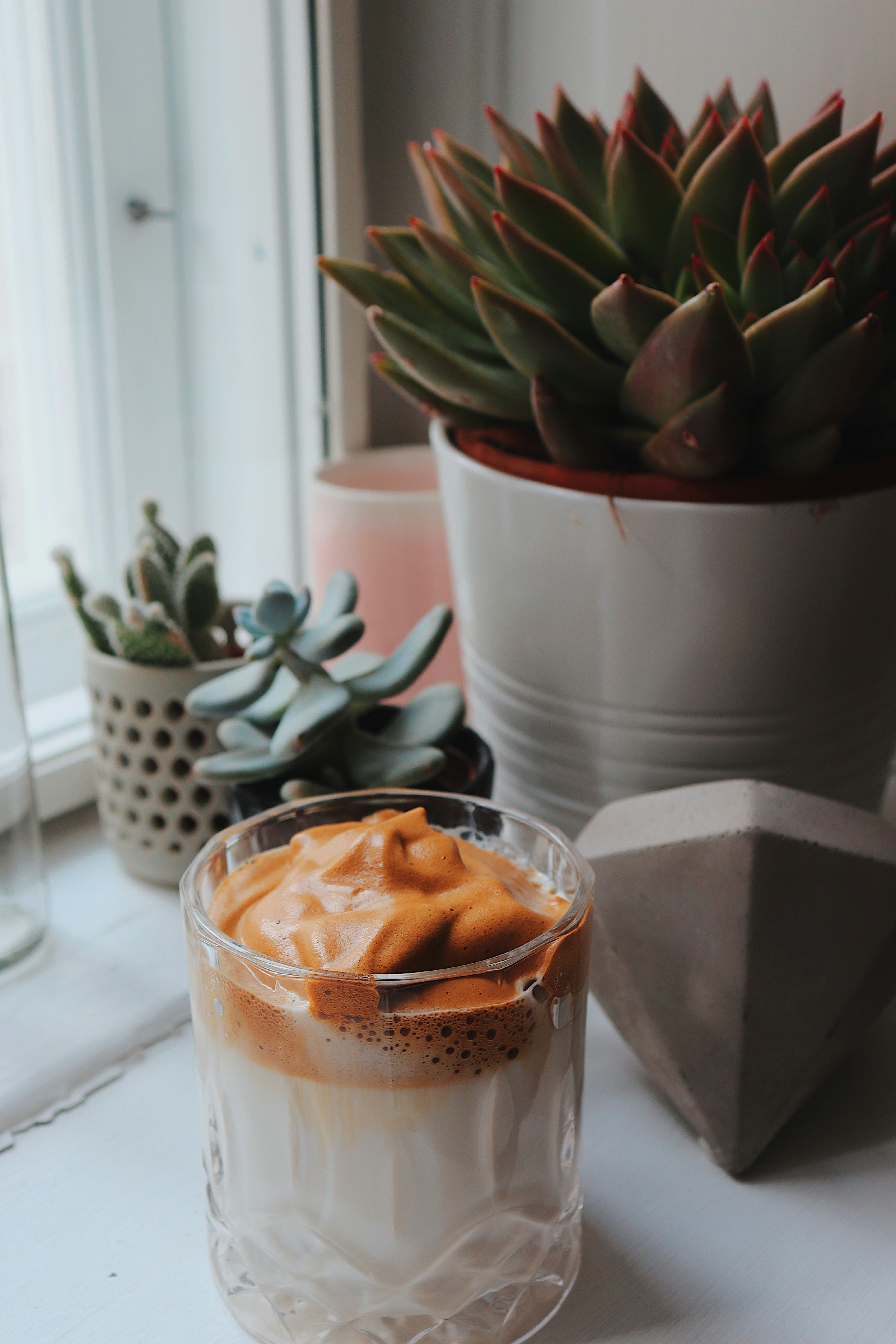 A glass of whipped coffee sits elegantly on a windowsill, surrounded by various succulent plants and a geometric concrete decor piece.