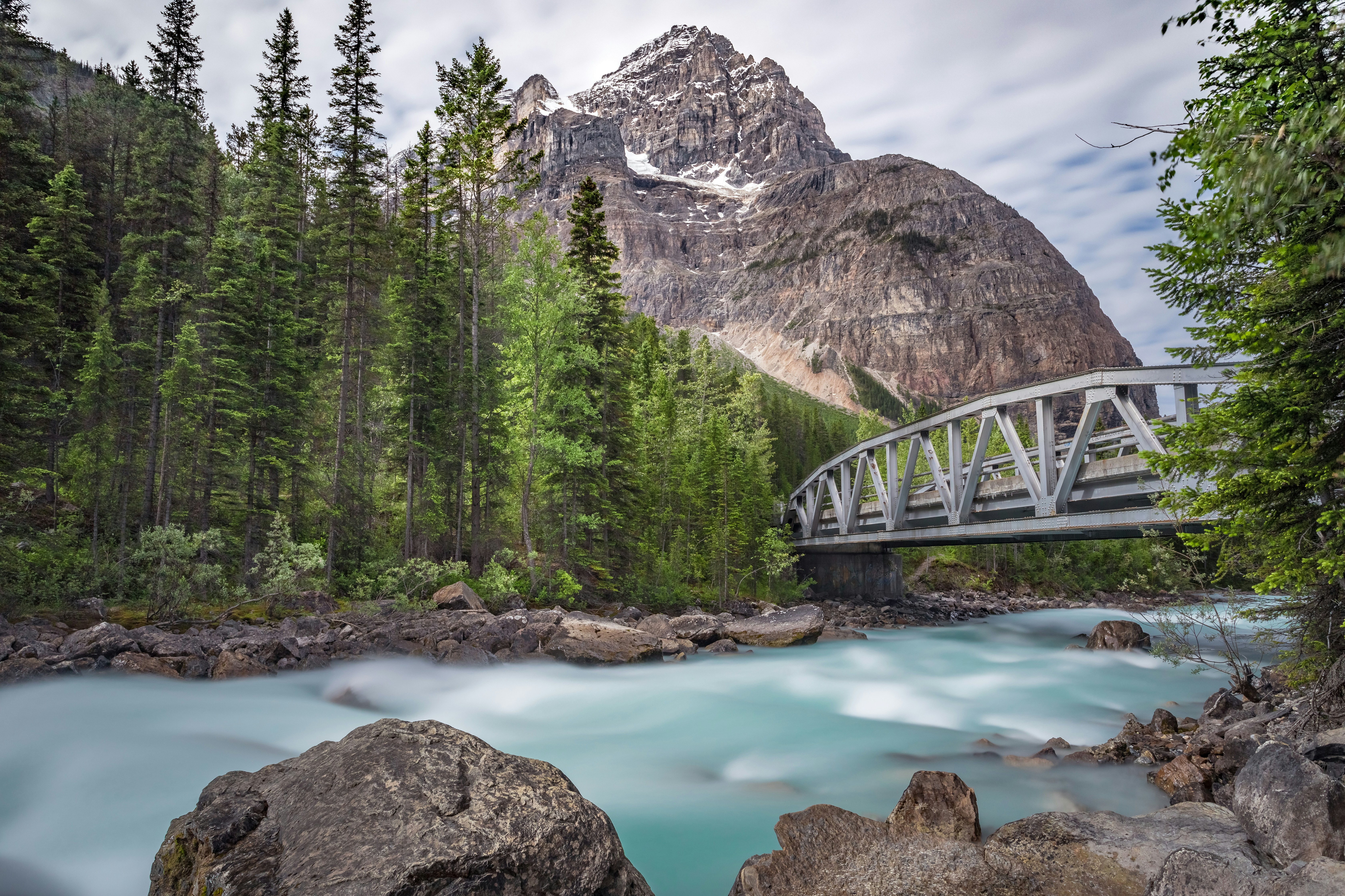 On a day trip out to Yoho National park to see Takkakaw Falls I drove across this bridge, and as I was approaching it I knew I'd have to get out and get a photo because of how awesome it is. I just feel like it really works with the mountain, it's got a great aesthetic to me. | green trees near body of water and mountain