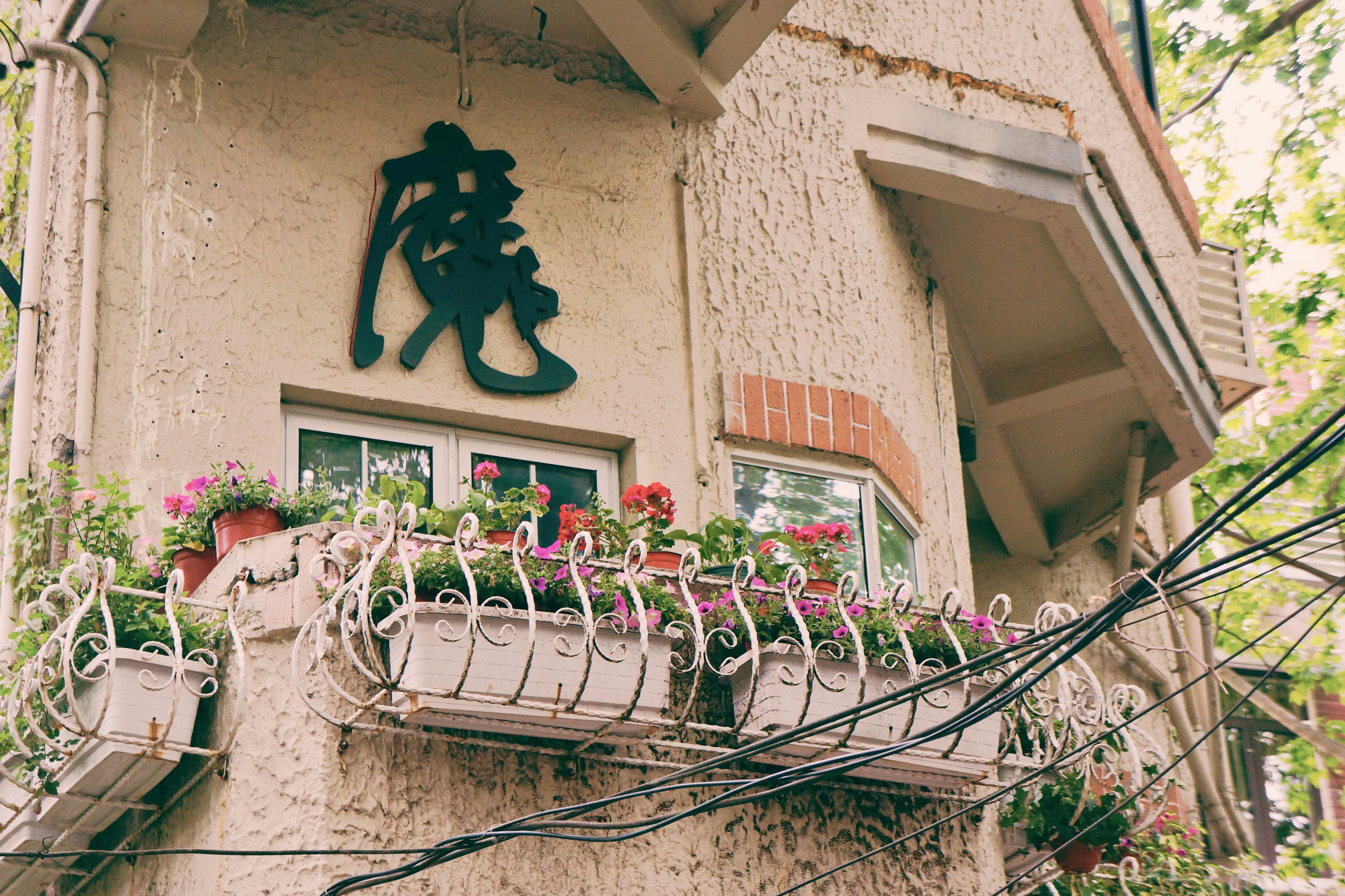 Balcony Garden Over Tiny Courtyard Wall with Chinese Character Sign