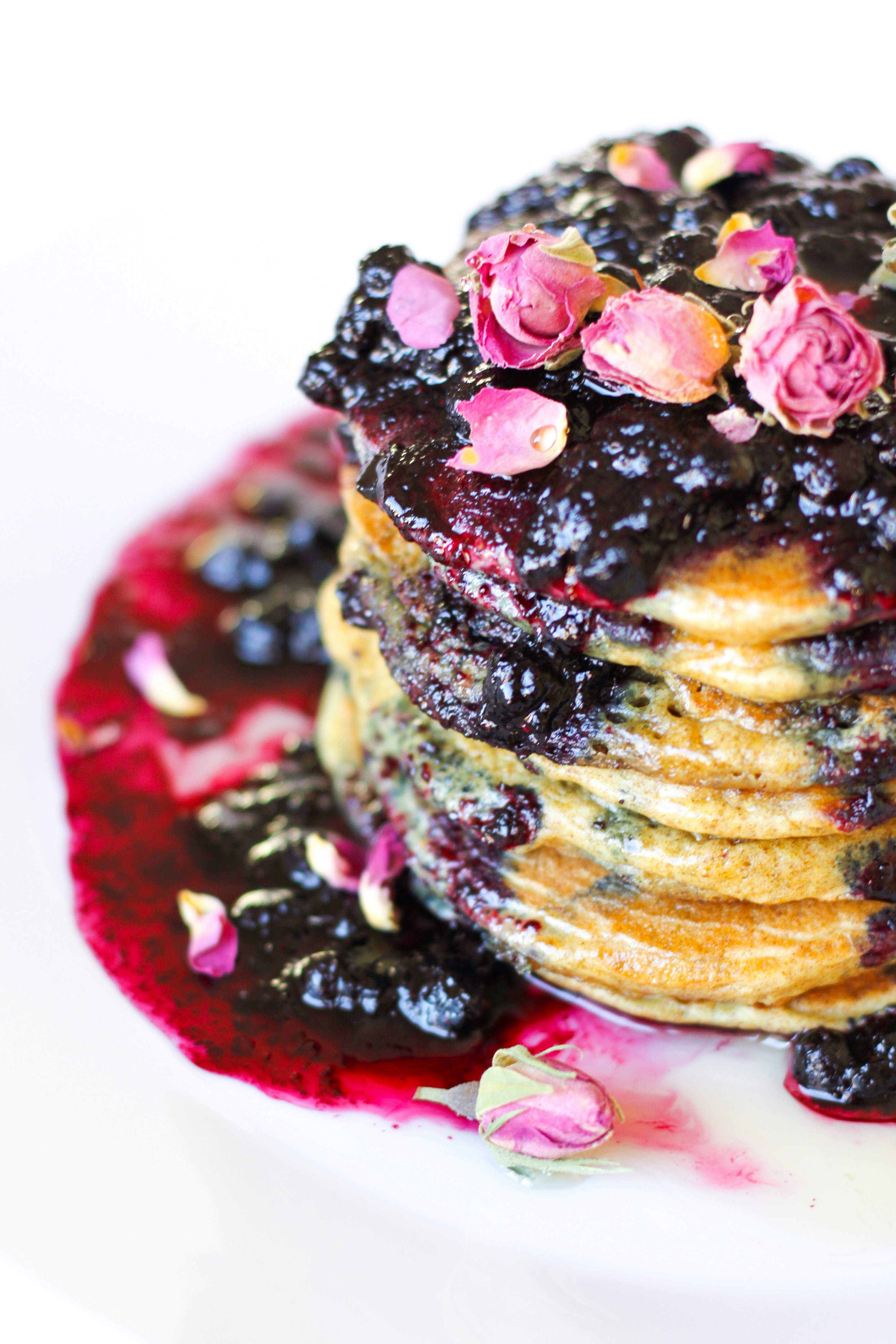 Rose-Petal Crown atop a Blueberry-Glazed Pancake Stack