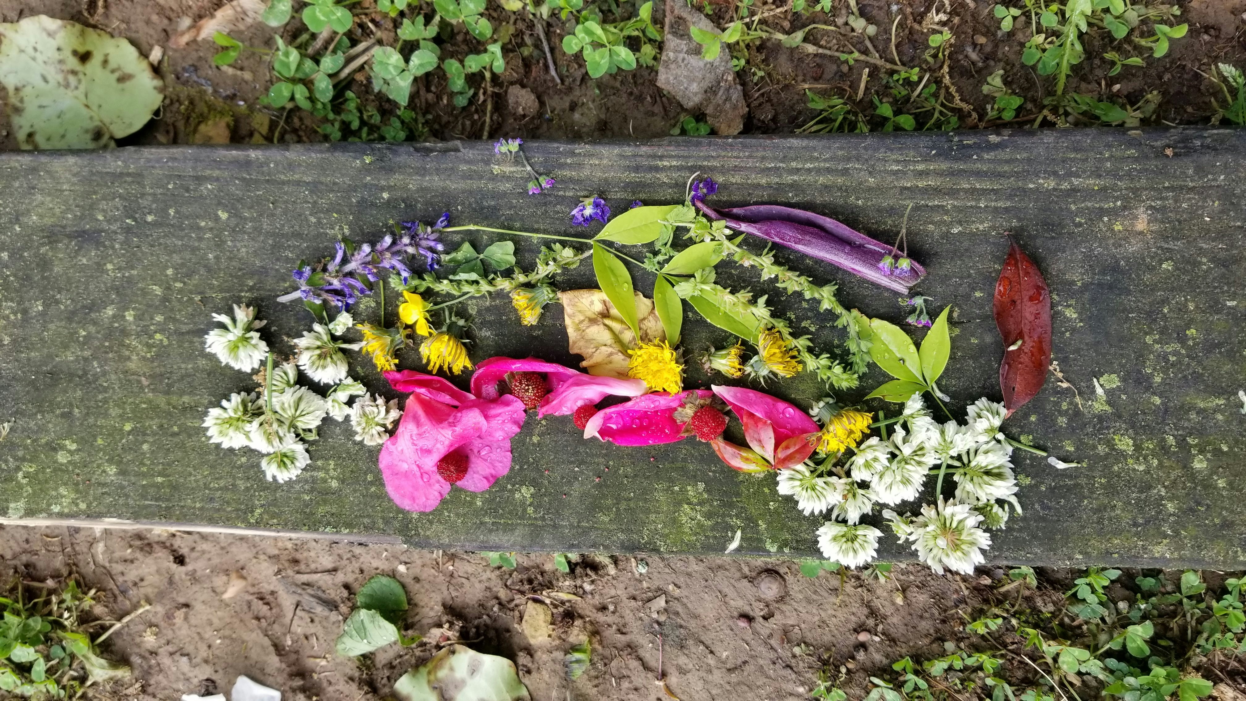 Colorful flower garland laid along a weathered wooden plank. The arrangement features pink, purple, white, and yellow blooms with green foliage.