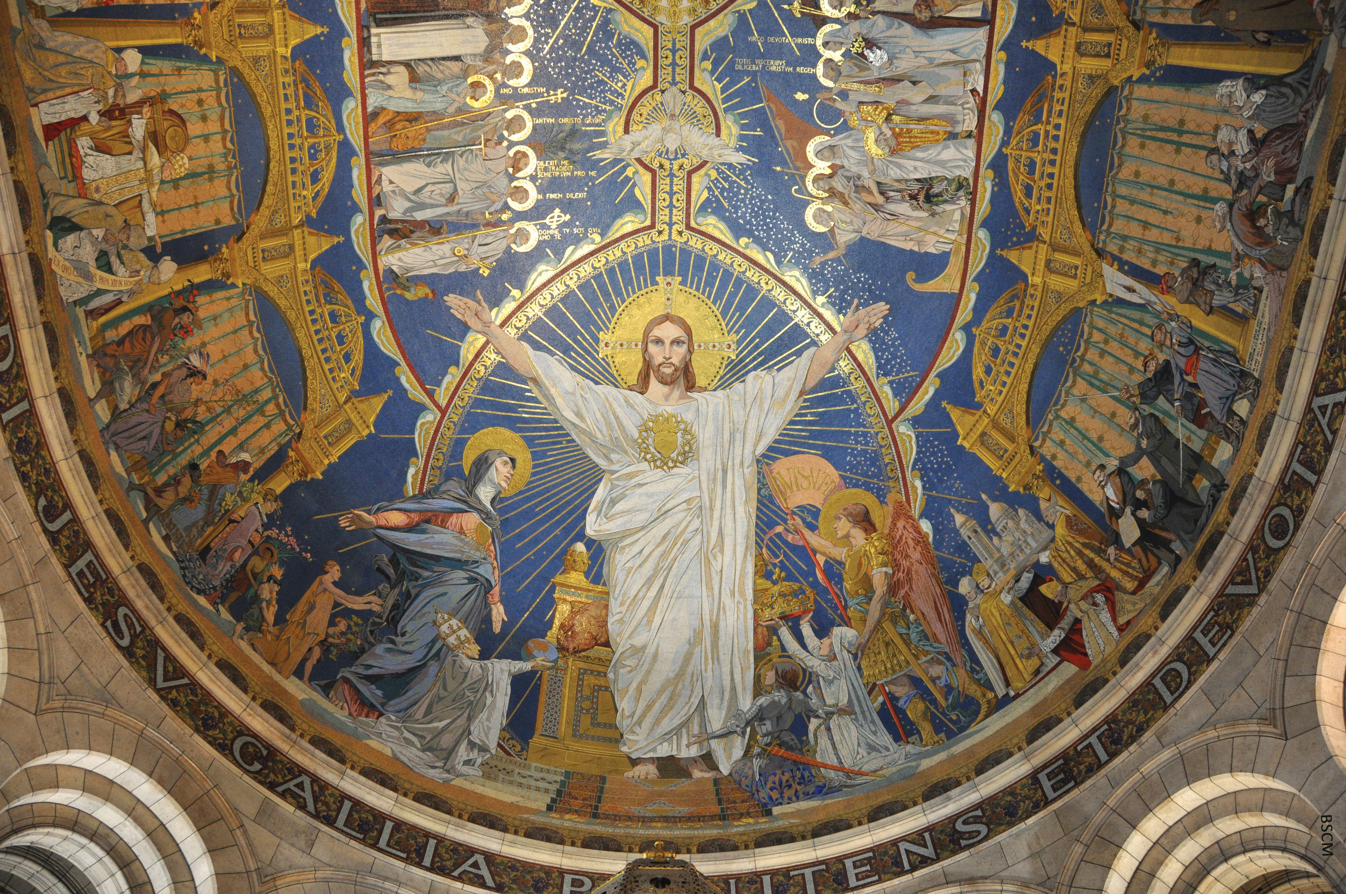 Intricate mosaic depicting religious figures with golden accents on a domed ceiling.