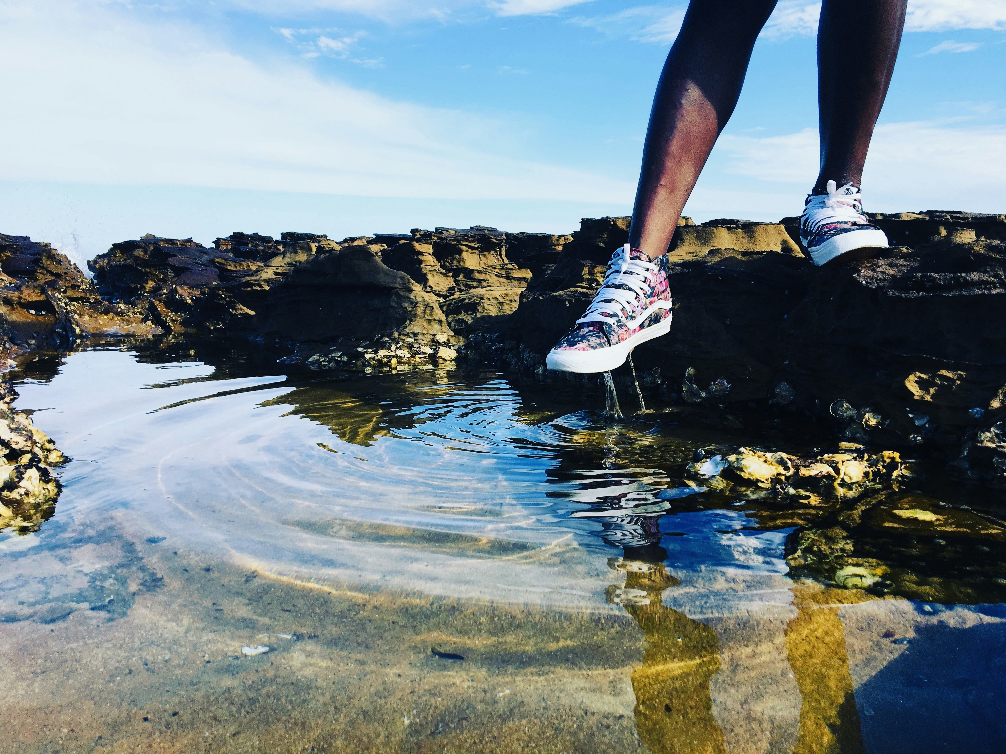 Midair Leap Above a Glassy Tide Pool